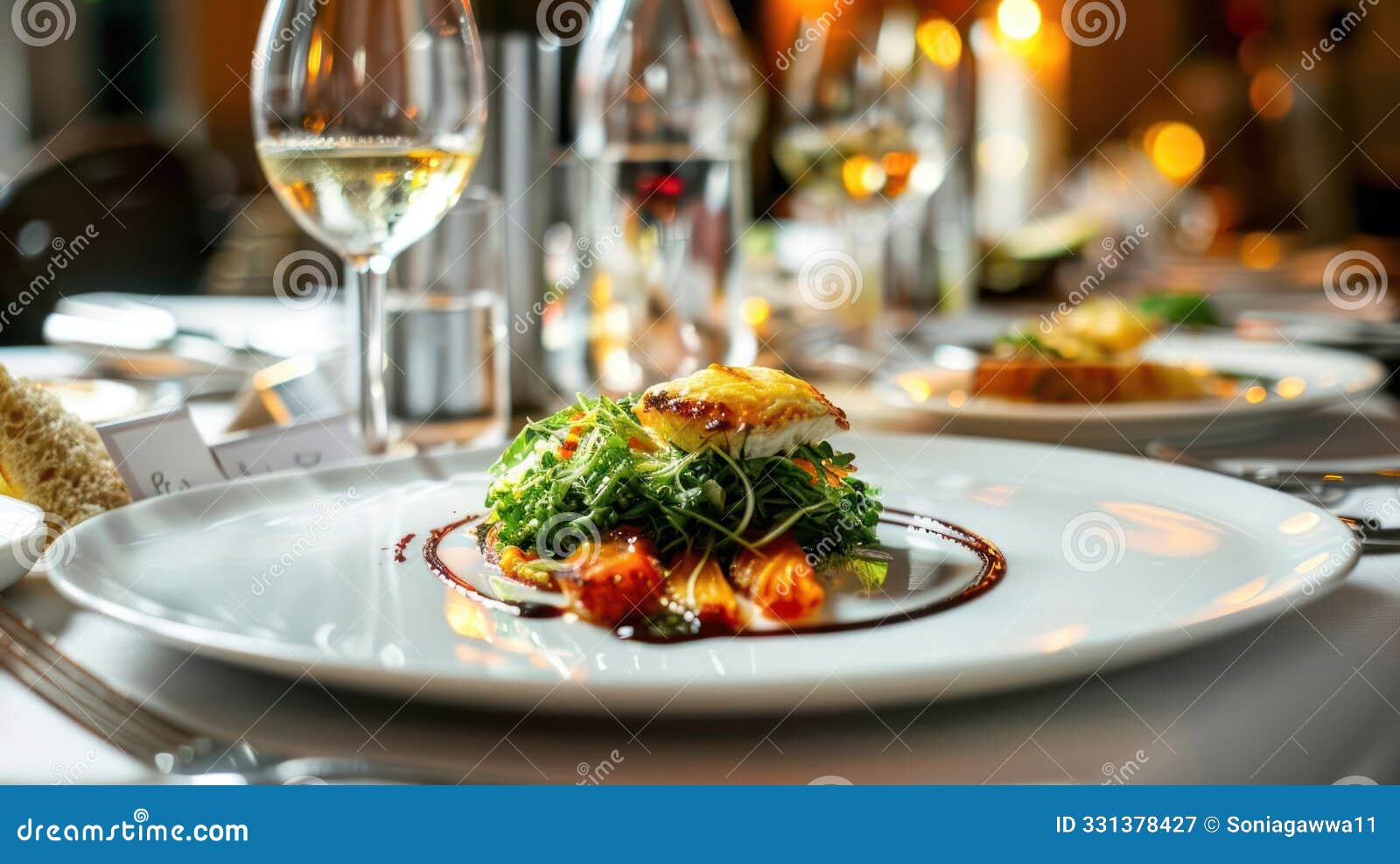 Elegant Fine Dining Table Setting with Gourmet Dish and Wine Stock ...