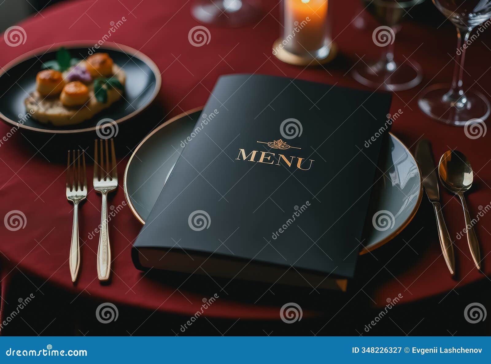 Elegant Fine Dining Table Setup with Menu on Dark Red Tablecloth. AI ...