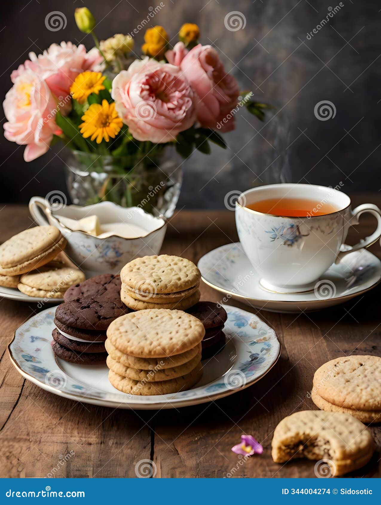 Elegant Flat Lay of Assorted Cookies and Tea Stock Illustration ...