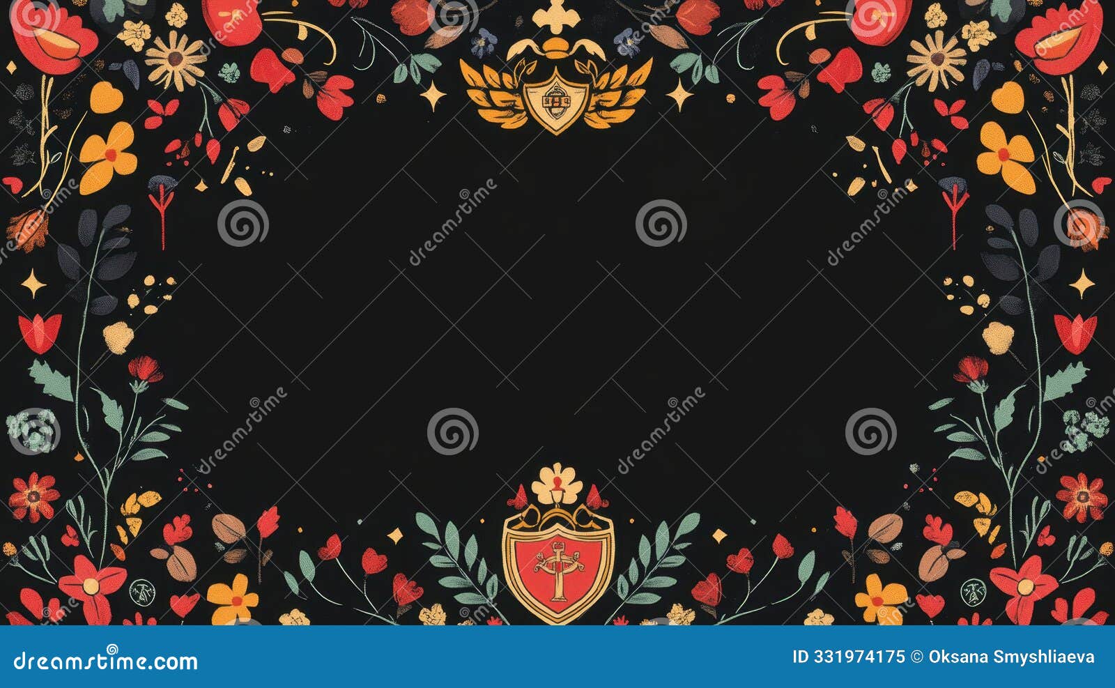 Elegant Floral Border with Heraldic Crest on Black Background Stock ...