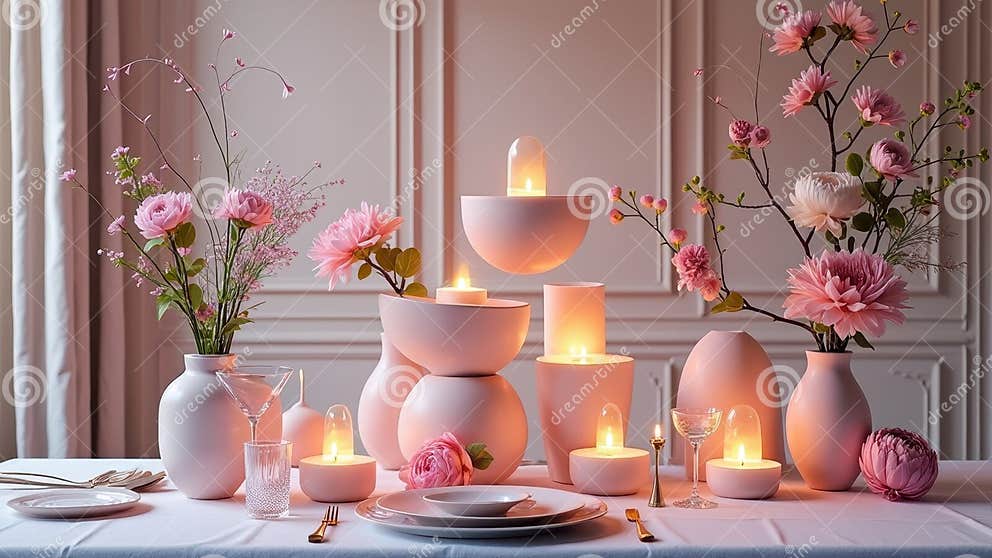 Elegant Floral and Candle Table Setting with Pink Flowers and Modern ...