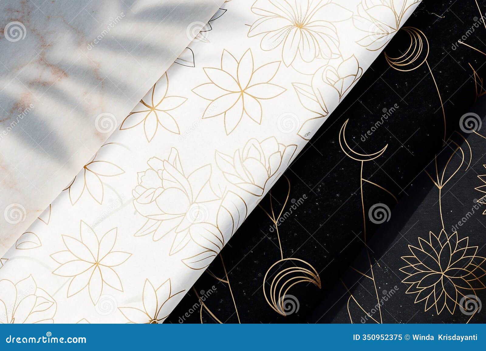 Elegant Floral and Celestial Patterns on Fabric Swatches Stock ...