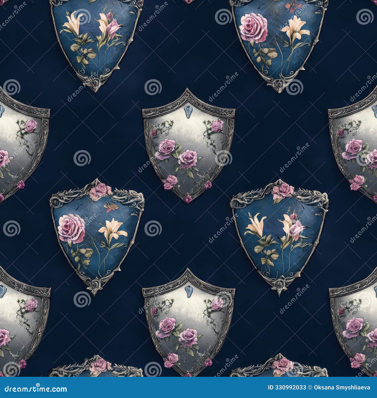Elegant Floral Patterned Shields on Dark Blue Background Stock Image ...