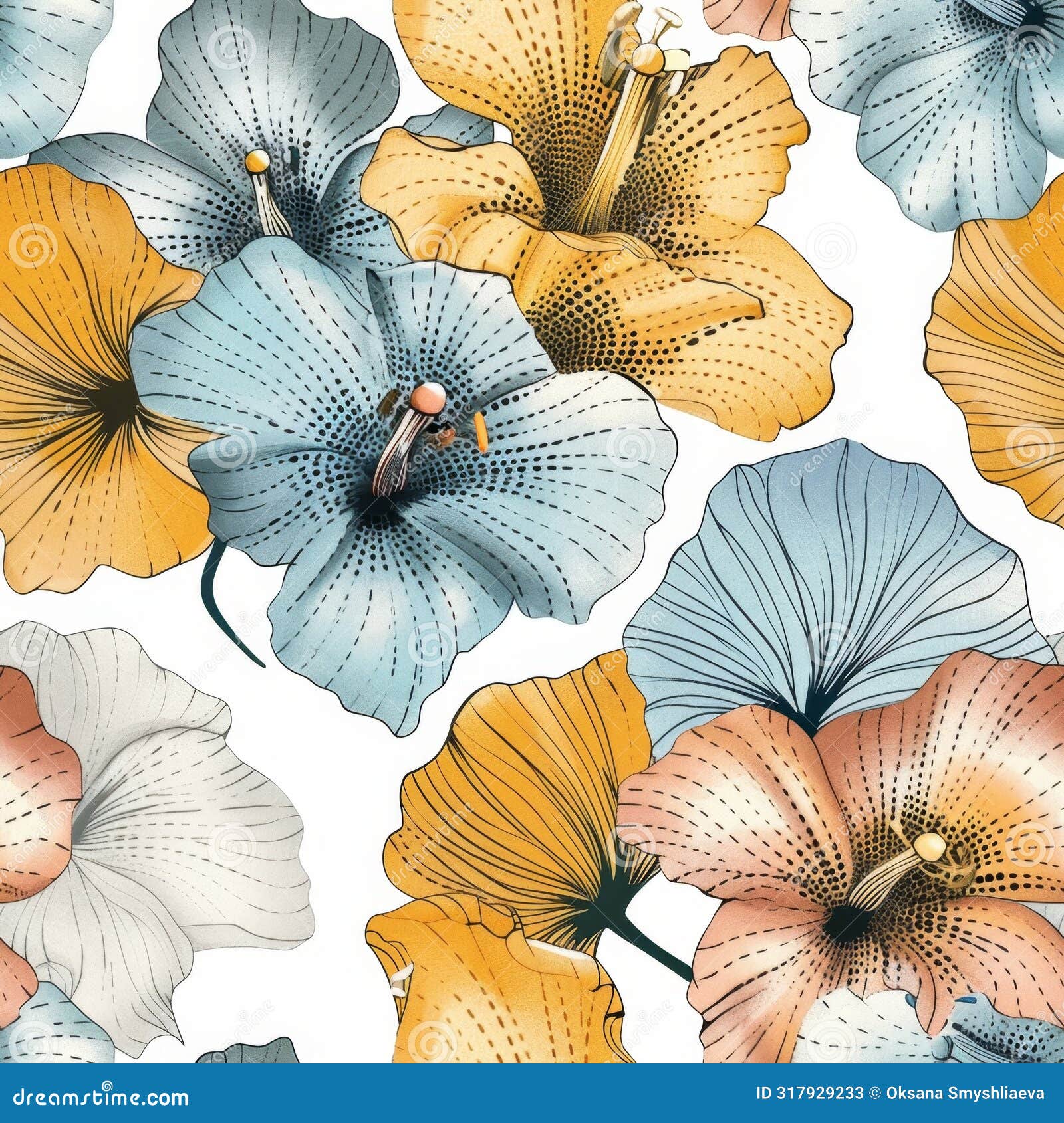 Elegant Floral Patterns: Vintage Hibiscus and Lily Illustrations Stock Image - Image of ...