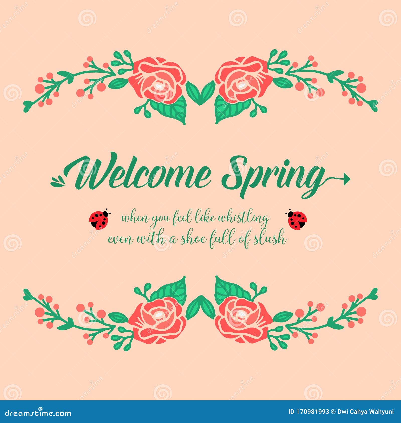 Elegant Frame with Leaf and Rose Red Flower Pattern, for Welcome Spring ...