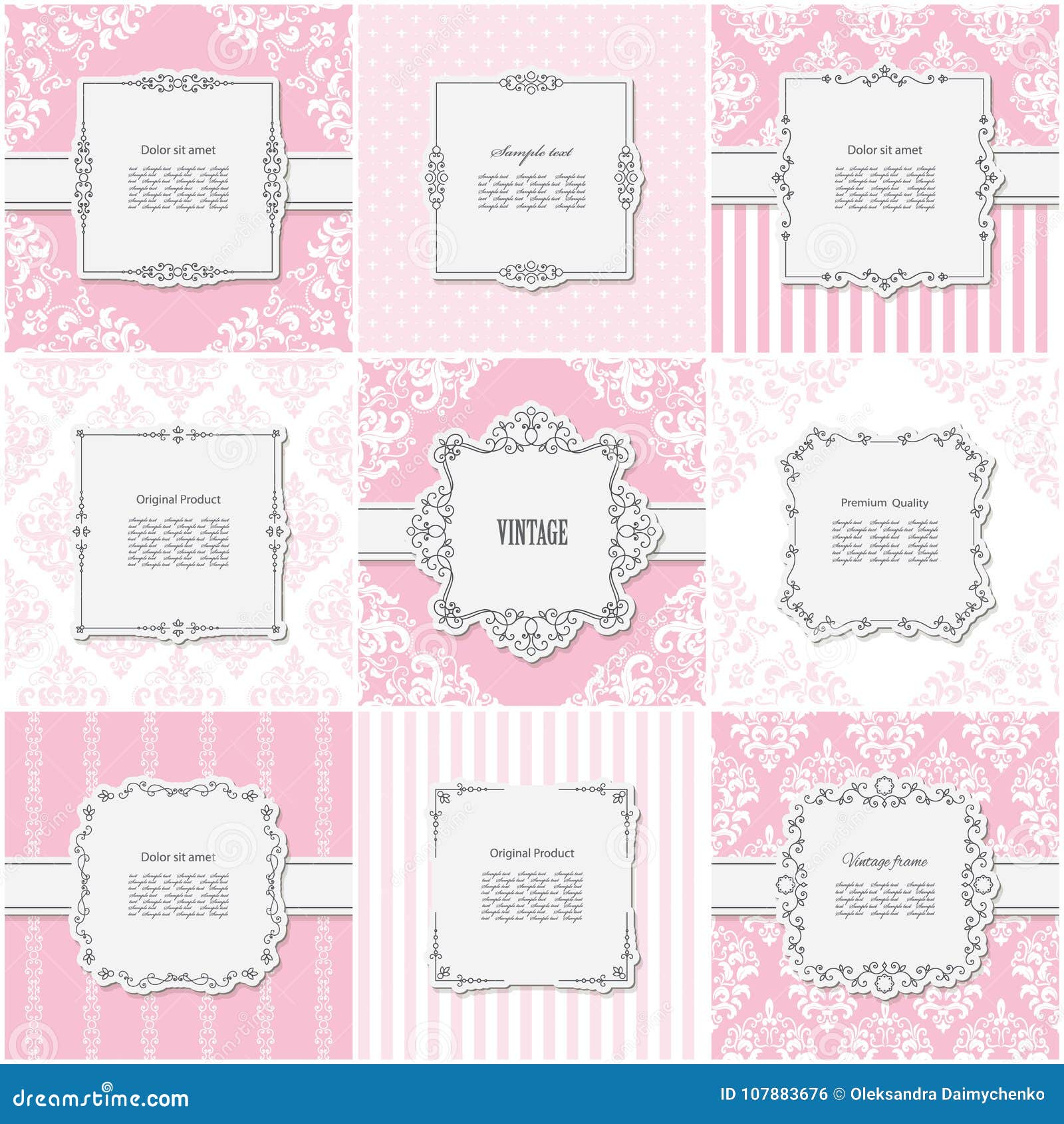 Elegant Frame Set on Different Patterns in Pastel Pink. Stock Vector ...