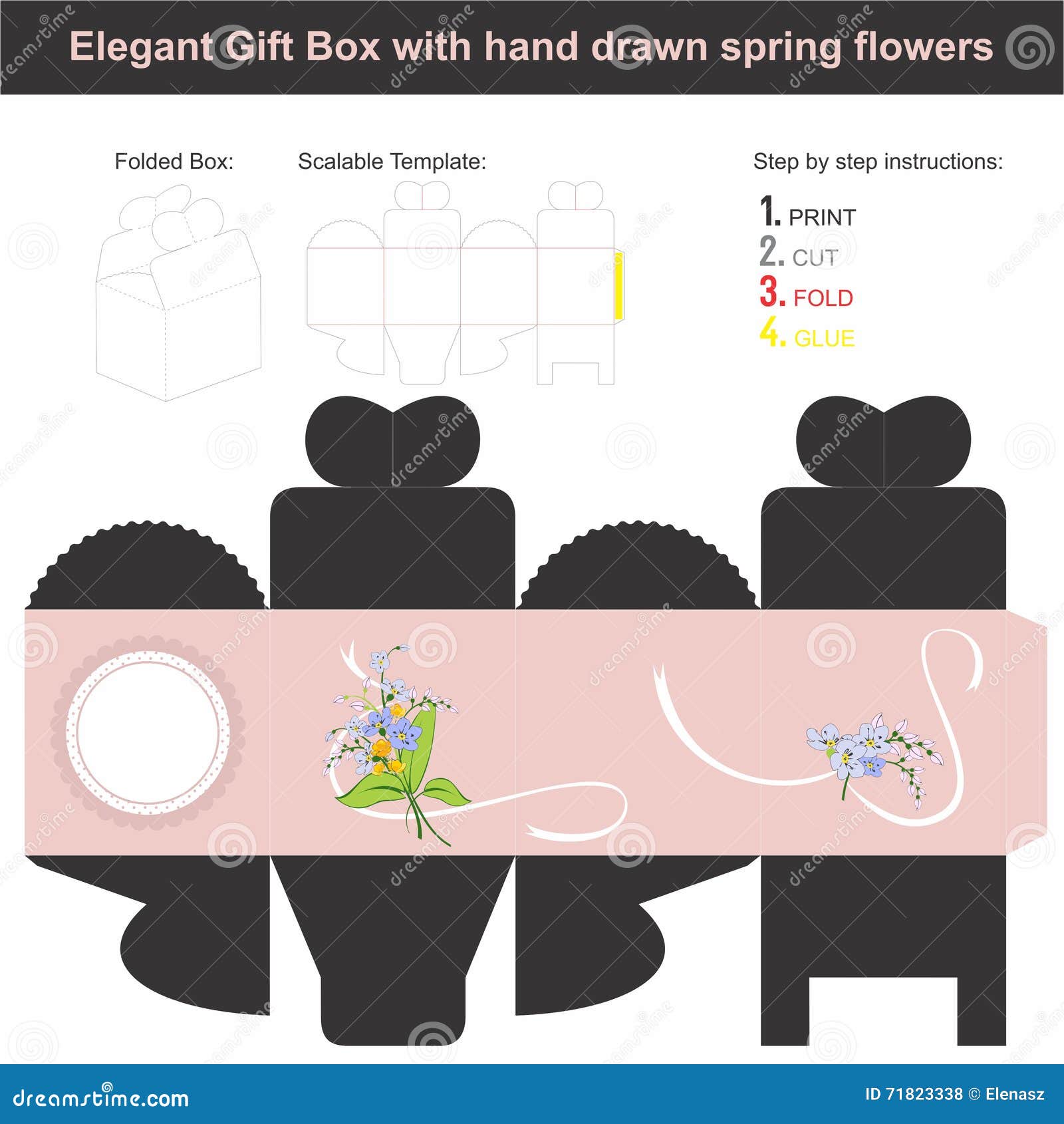 Elegant Gift Box in Cube Shape with Hand Drawn Spring Flowers Stock ...
