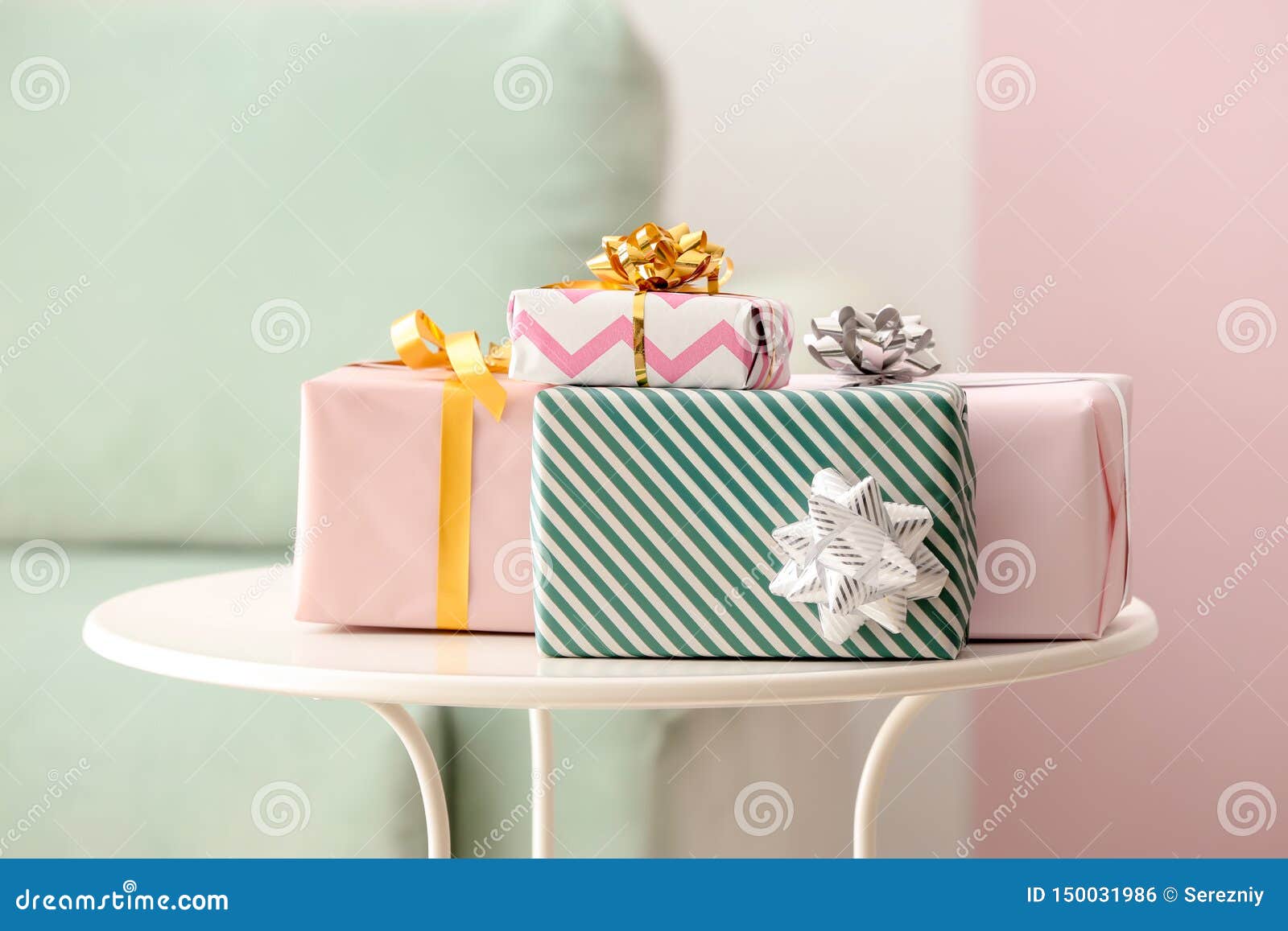 Elegant Gift Boxes on Table Indoors Stock Photo - Image of elegant ...