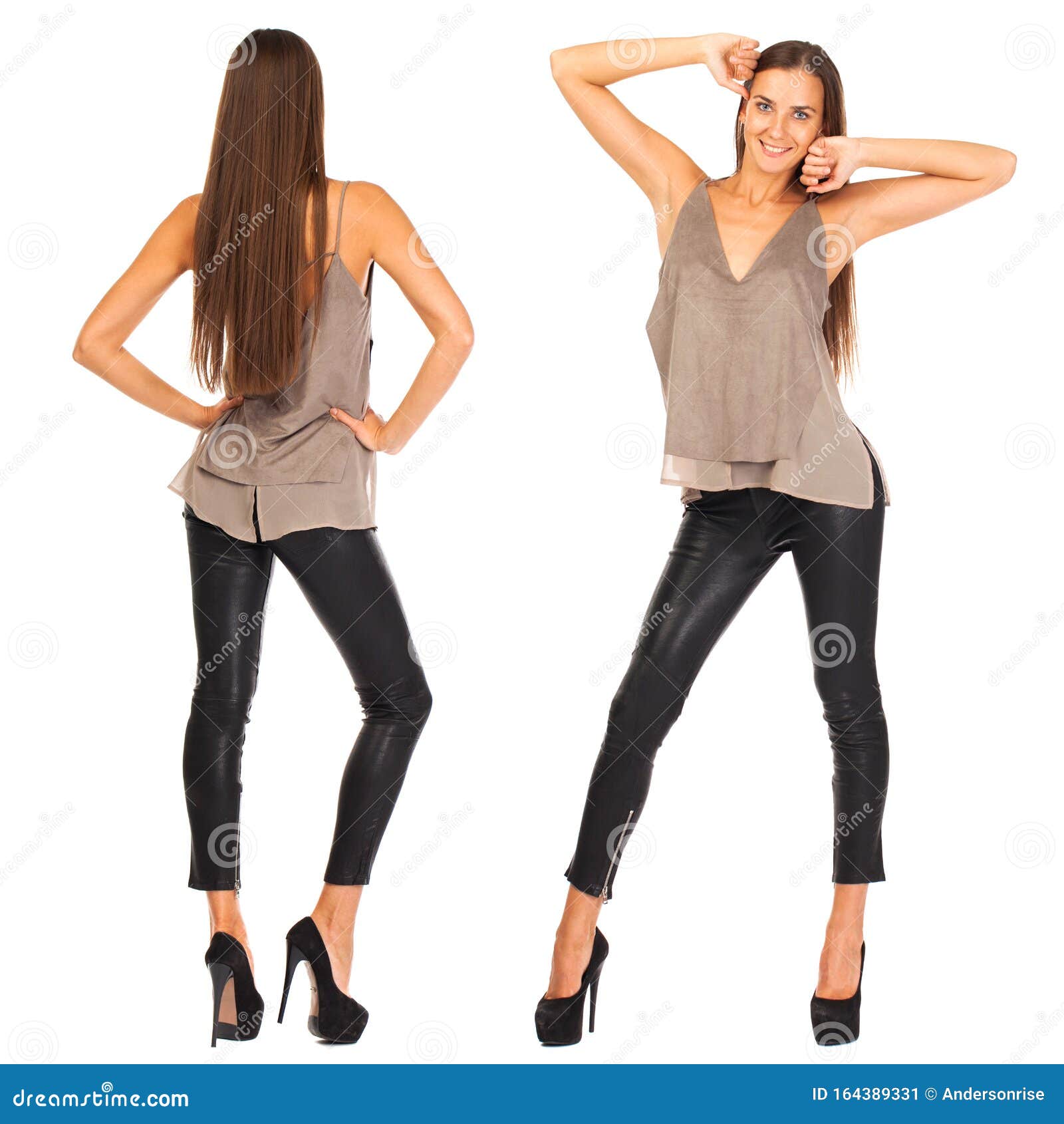 Elegant Glamour Girls Wearing Blouse And Black Leggins Stock Image