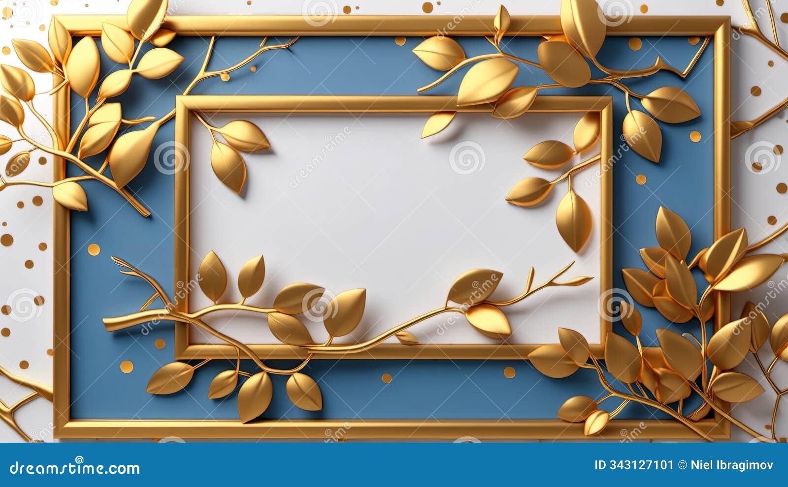 Elegant Gold Leaf Frames on Blue and White Background with Geometric ...