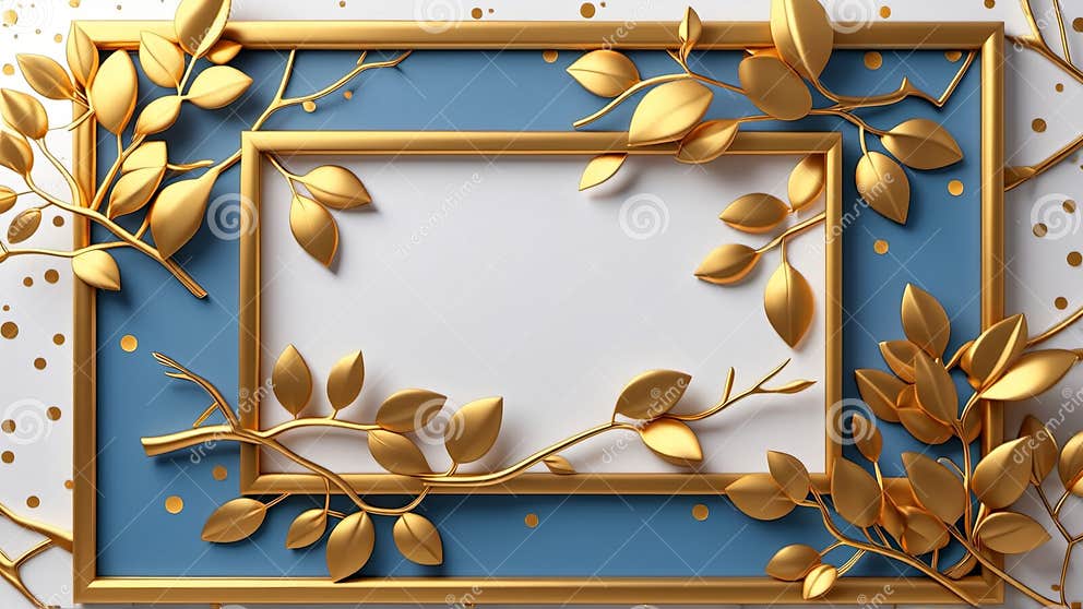 Elegant Gold Leaf Frames on Blue and White Background with Geometric ...
