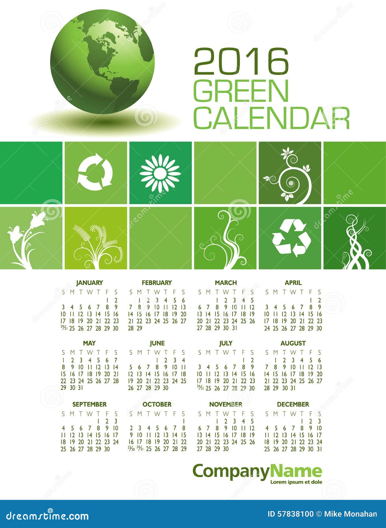 An Elegant 2016 Green Calendar Stock Vector - Illustration of organizer ...
