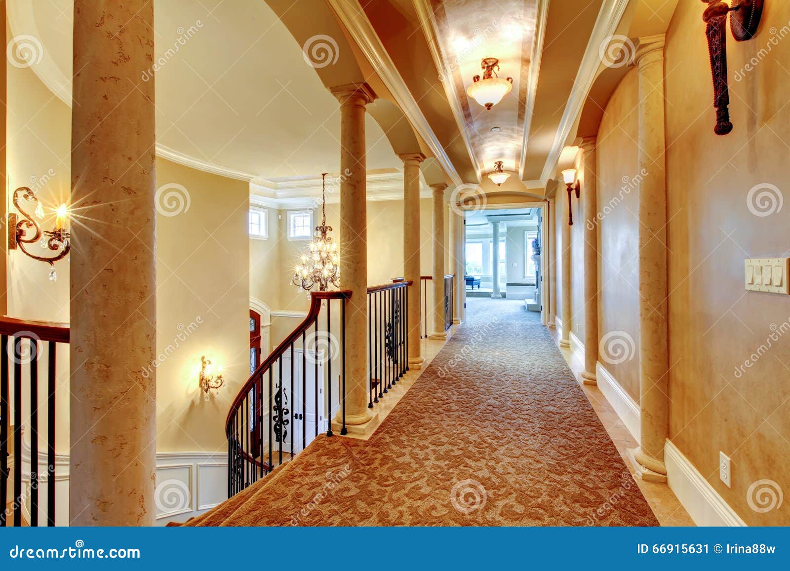 Elegant Hallway with Black Railing. Stock Image - Image of railing ...