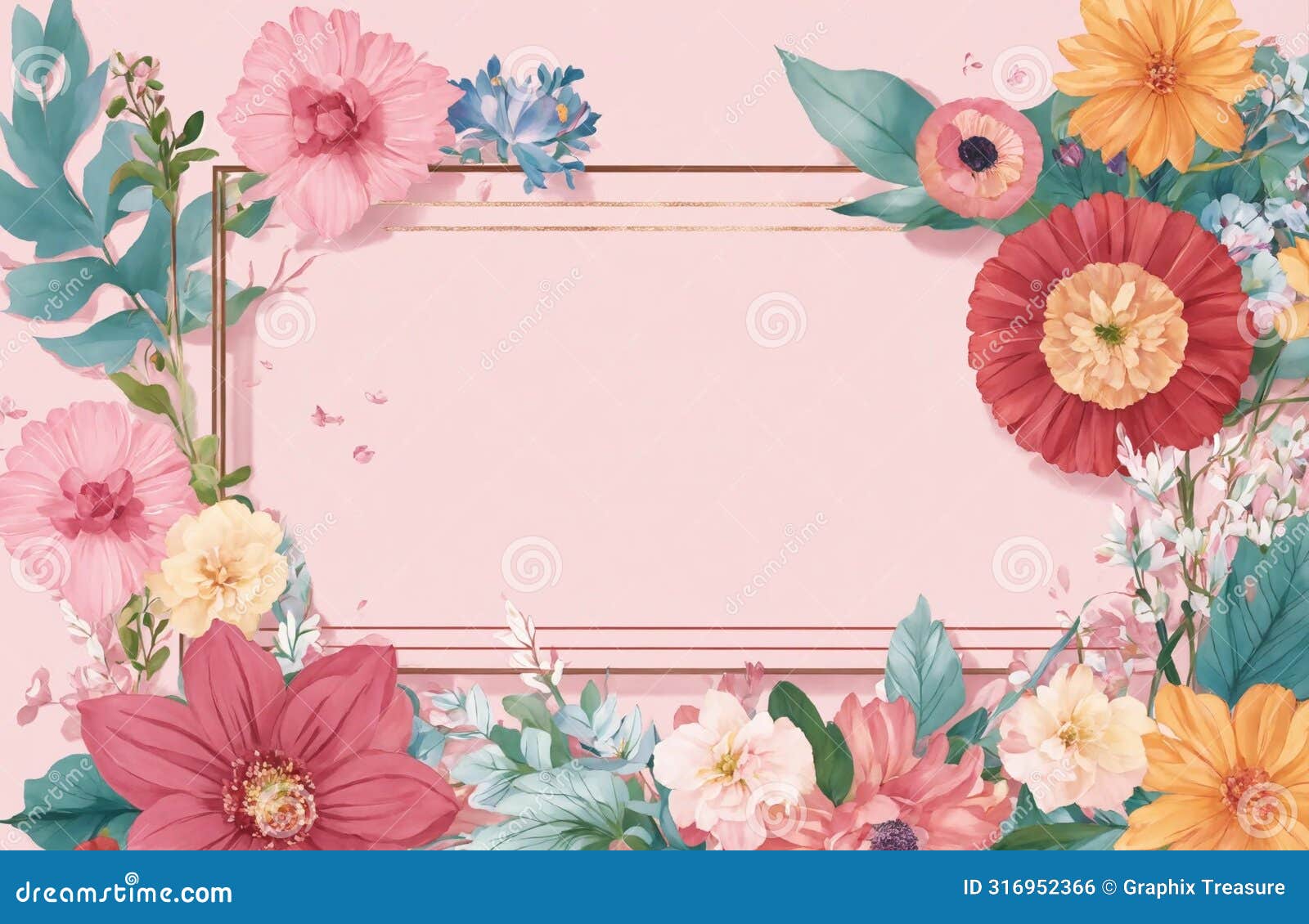 Elegant Hand Drawn Pink Color Floral Frame in a Rectangle Shape ...