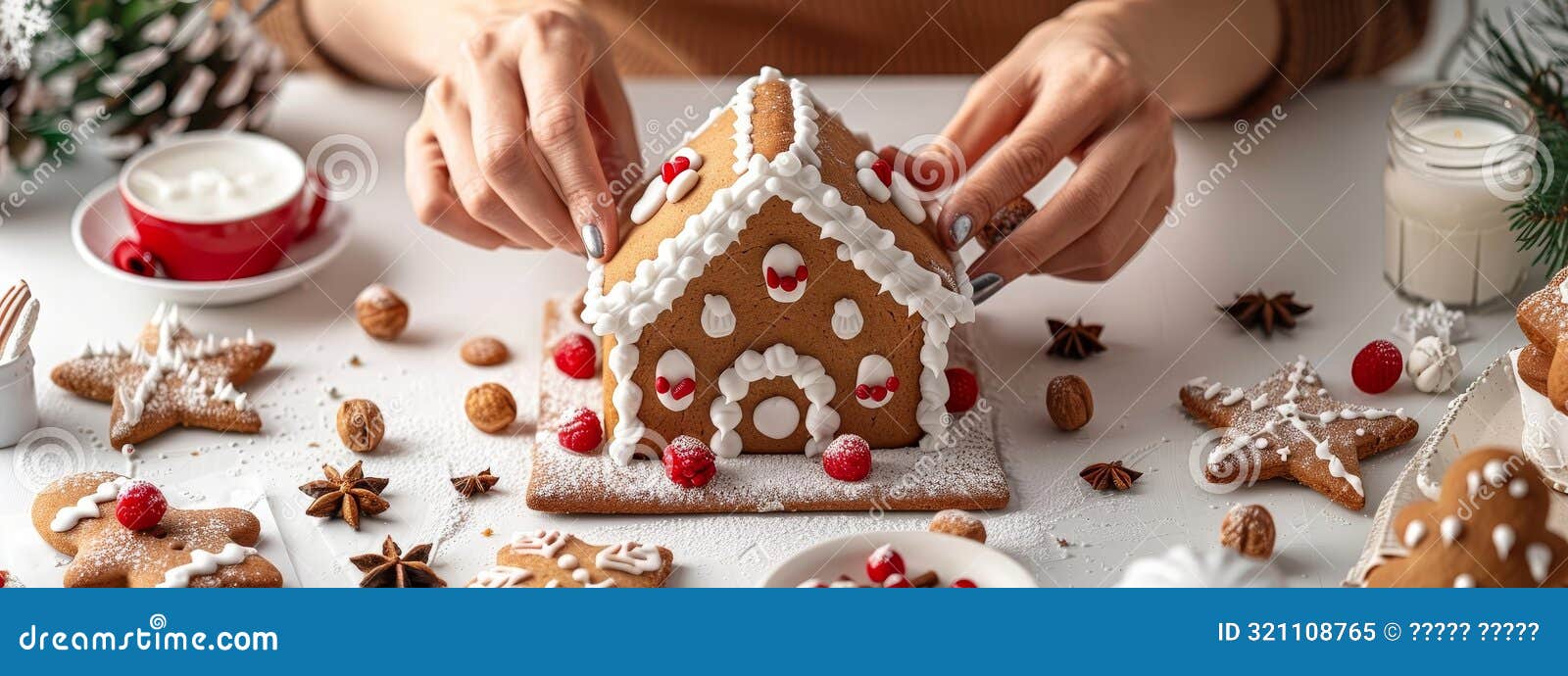 Elegant Hands Decorating Gingerbread House in Minimalistic and Bright ...