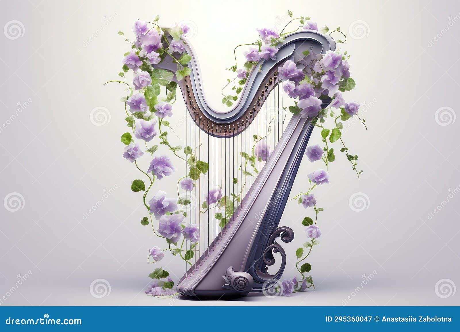 Elegant Harp Adorned with Violets and Purple Petals Stock Illustration ...