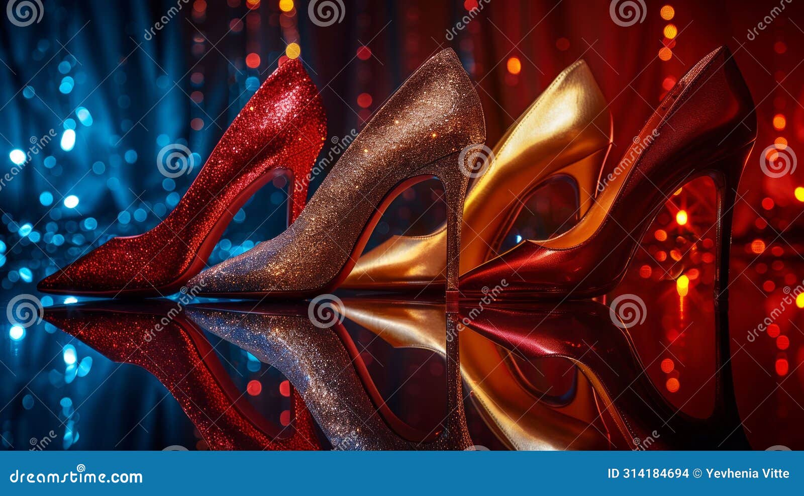Elegant High Heels in a Row on Reflective Surface. Generative Ai Stock ...
