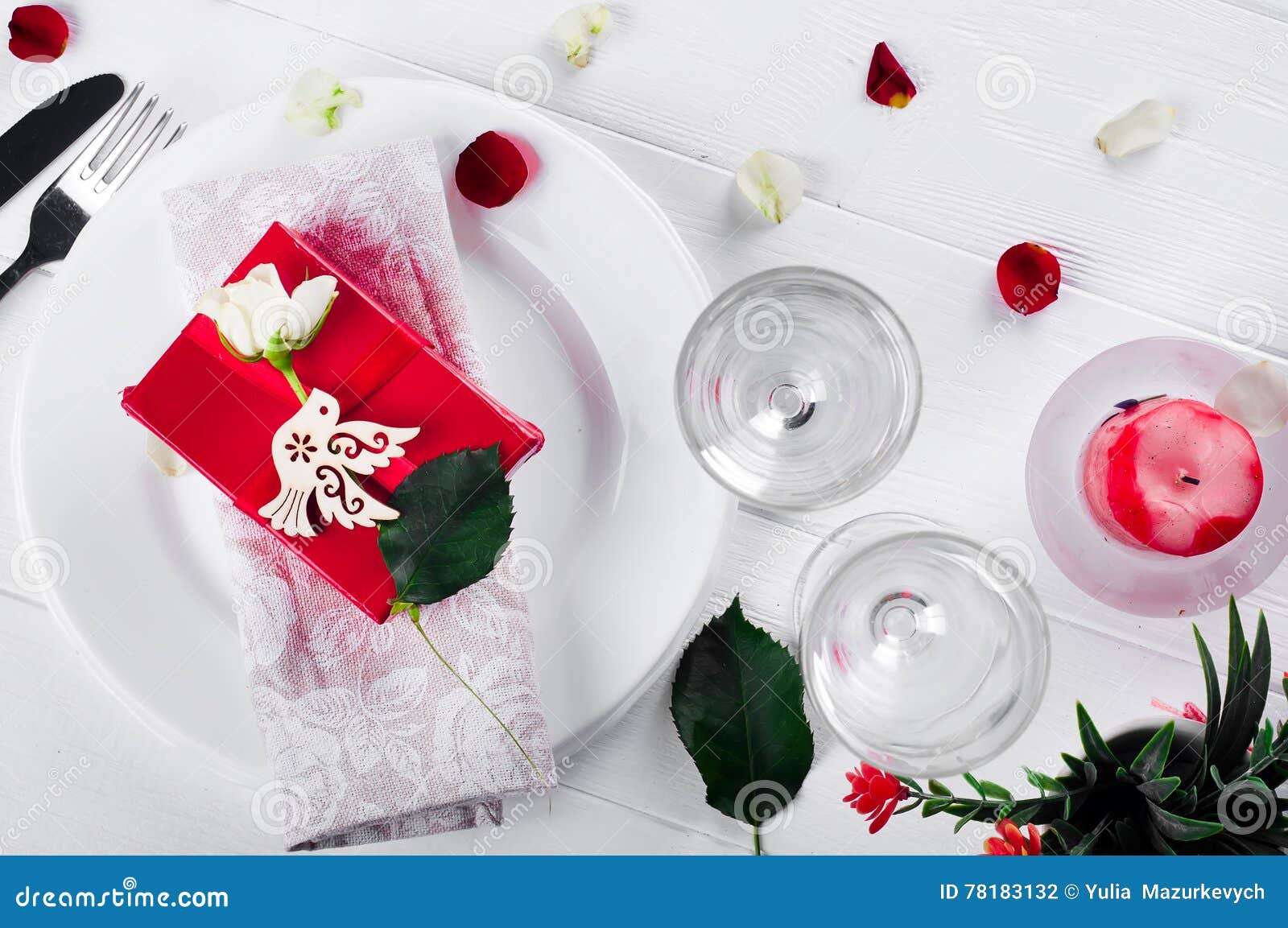 Elegant Holiday Table Setting with Red Ribbon Gift Stock Photo - Image ...