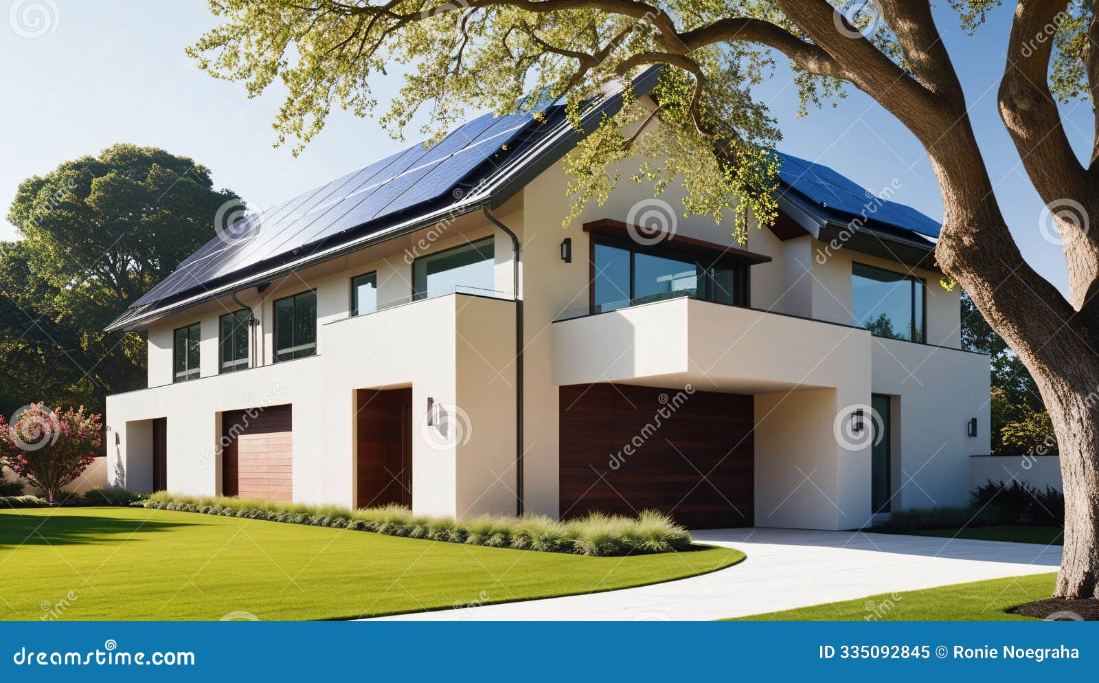 Elegant House with Solar Panels and Tree-shaded Facade. Stock ...