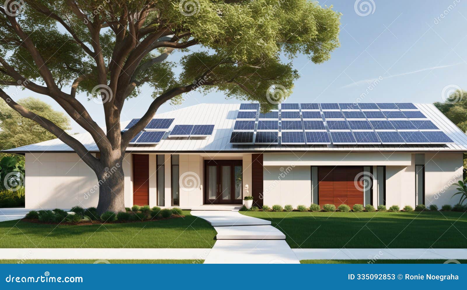 Elegant House With Solar Panels And Tree-shaded Facade. Royalty-Free ...