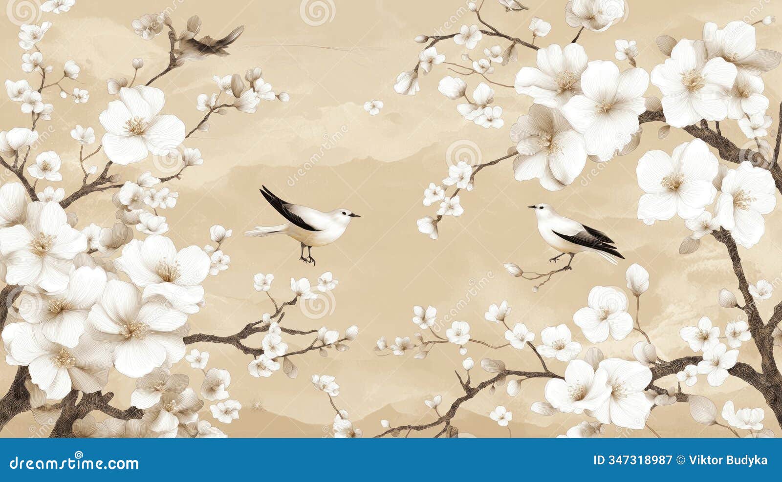 Elegant Illustration of White Flowers, Birds on Beige Background ...