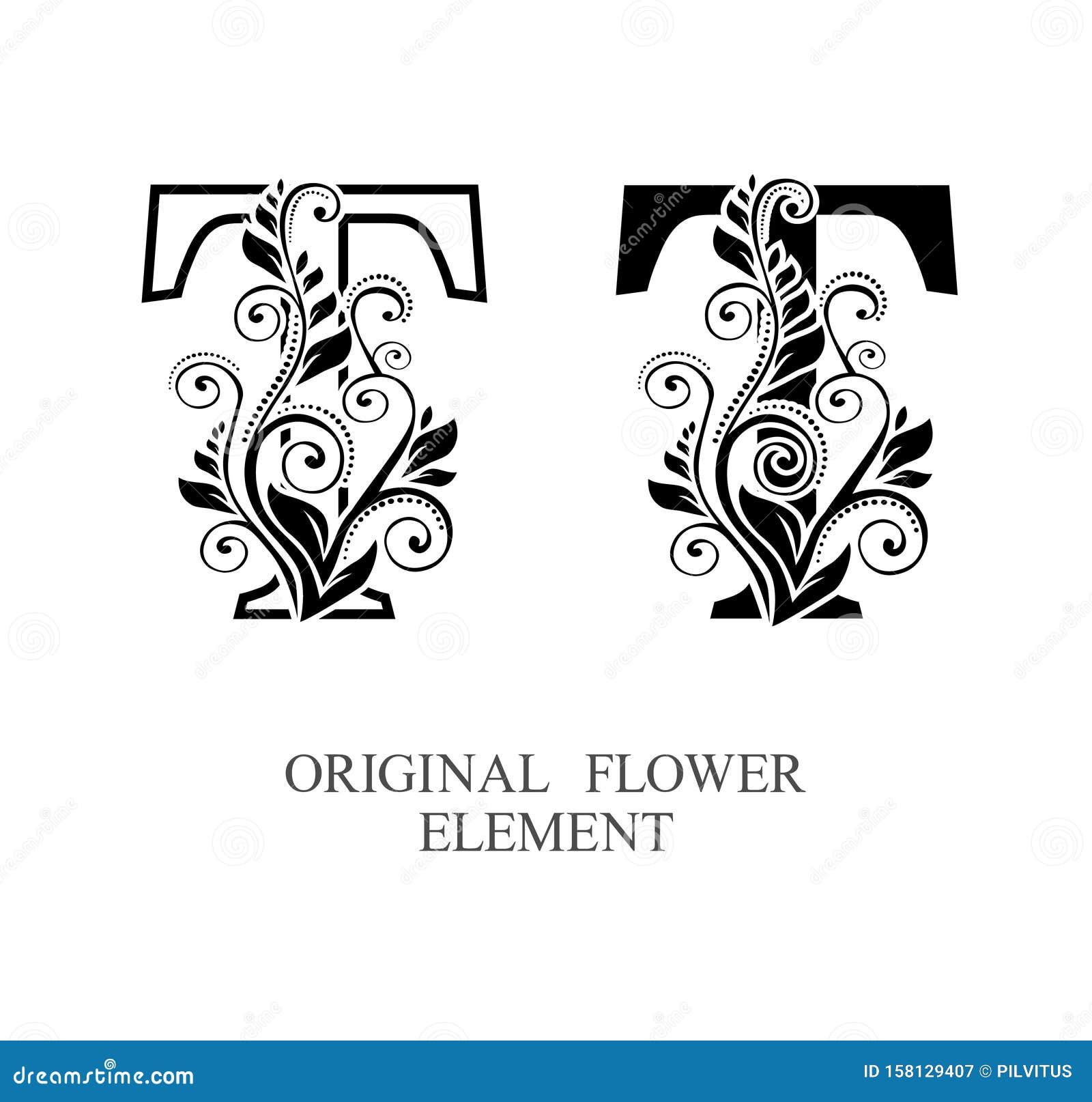 Elegant Initial Letters T in Two Color Variations with Botanical ...