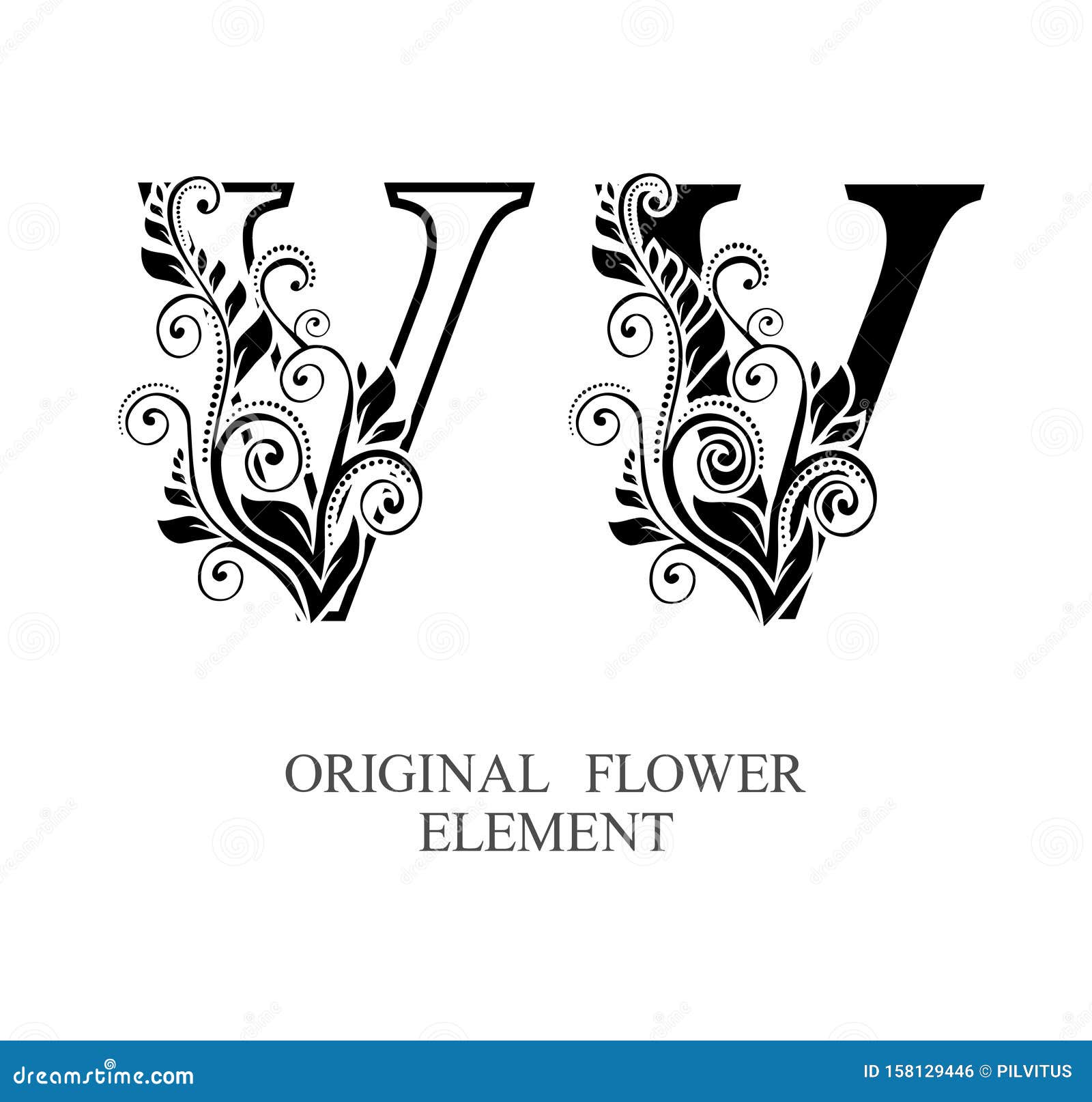 Elegant Initial Letters V in Two Color Variations with Botanical ...
