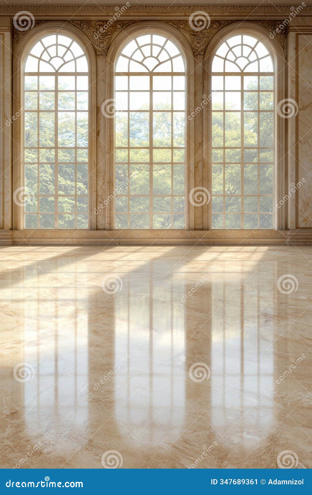 Elegant Interior with Arched Windows Overlooking Nature Stock ...