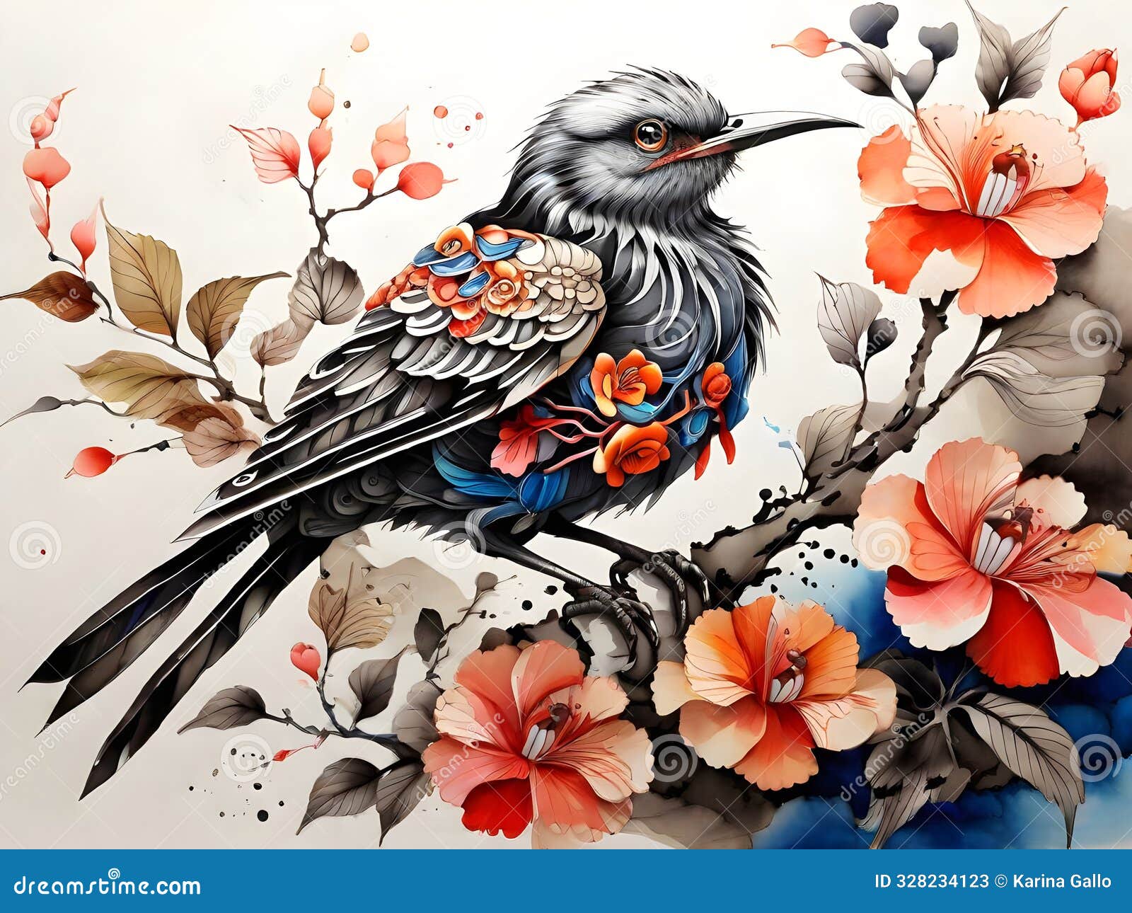 Elegant Japanese Ink Sumie Surreal Bird on Branch Stock Illustration ...