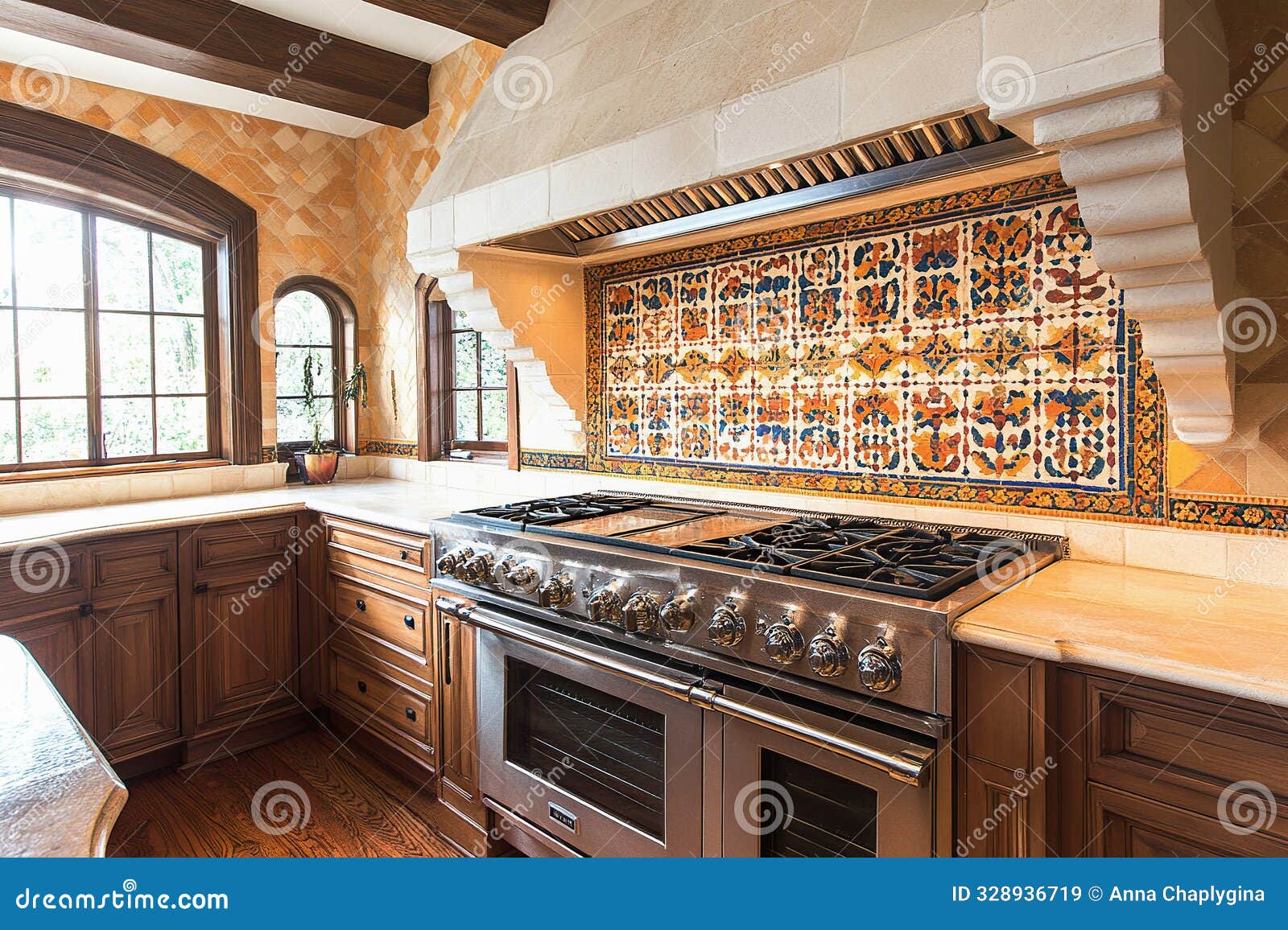 Elegant Kitchen with Colorful Patterned Tiles Backsplash and Wooden ...