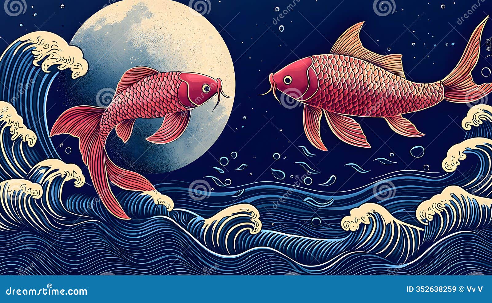 Elegant Koi Fish Swimming Under Moonlight Stock Illustration ...