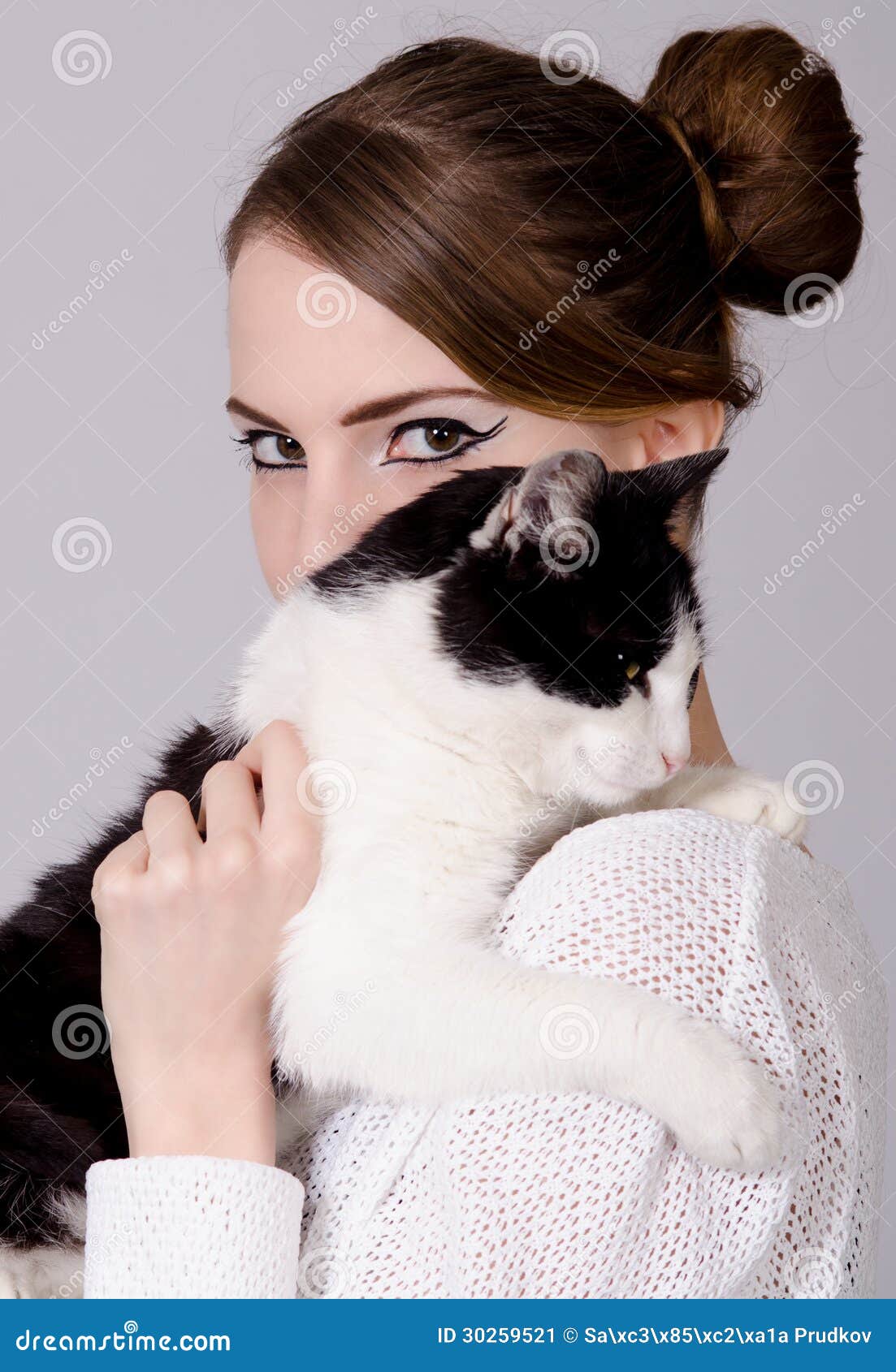 Lady with cat stock image. Image of watching, girl, standing - 30259521