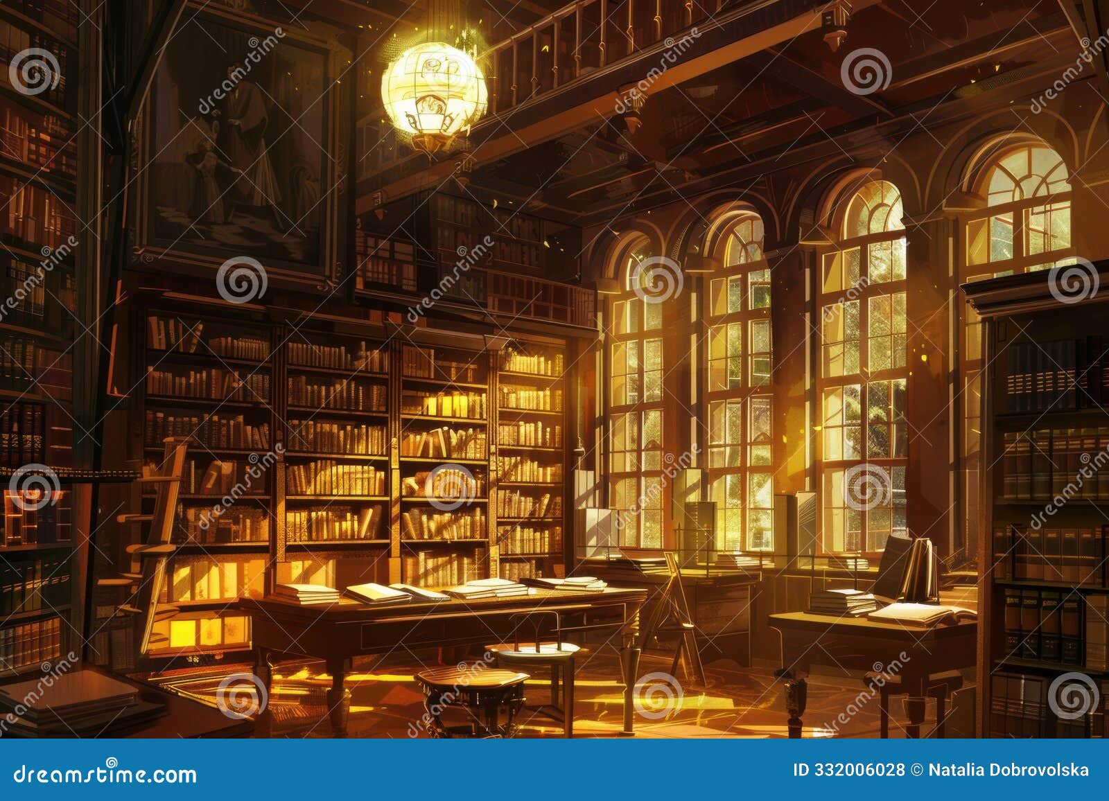 Elegant Library Interior Featuring Tall Bookshelves, a Large Study ...