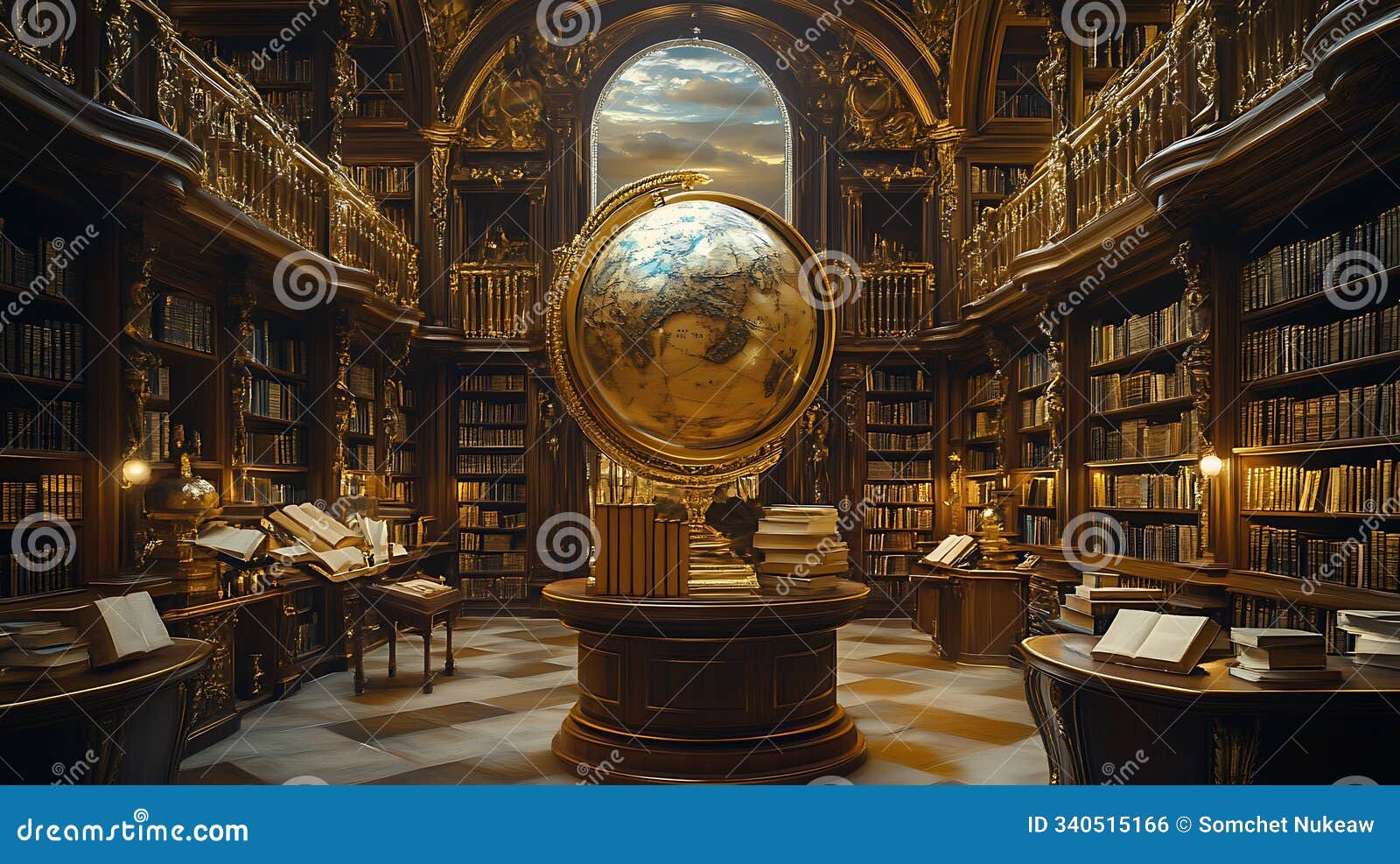 Elegant Library Interior with a Globe and Stacks of Books Stock ...