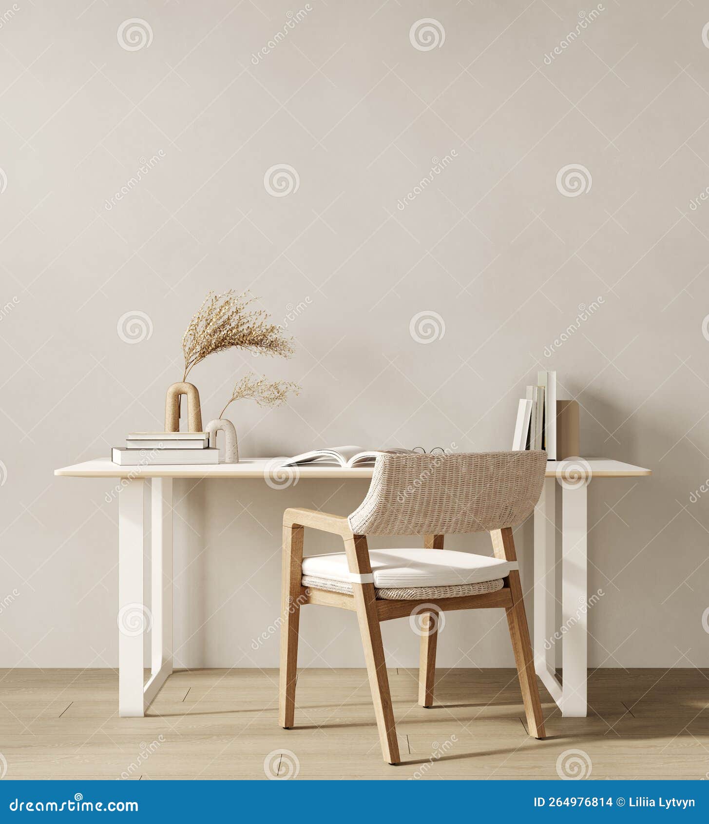 Elegant Light Beige Home Office Interior with Armchair and Empty Wall ...