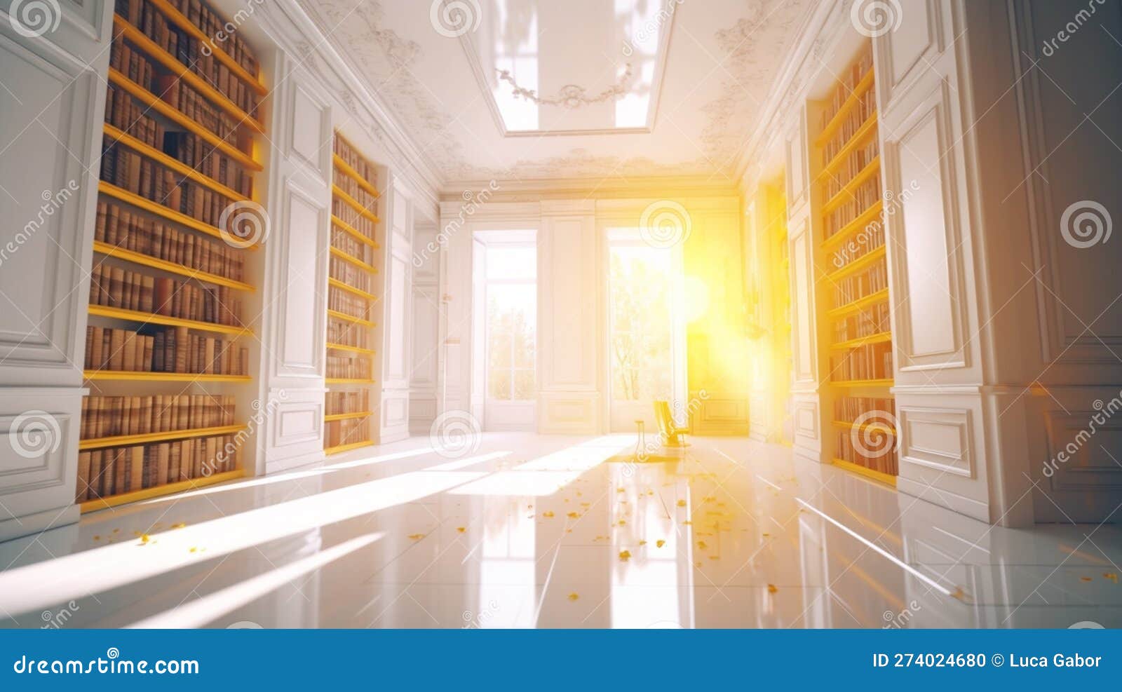 Elegant Luxury White Library Room in Yellow, Silver and White Stock ...