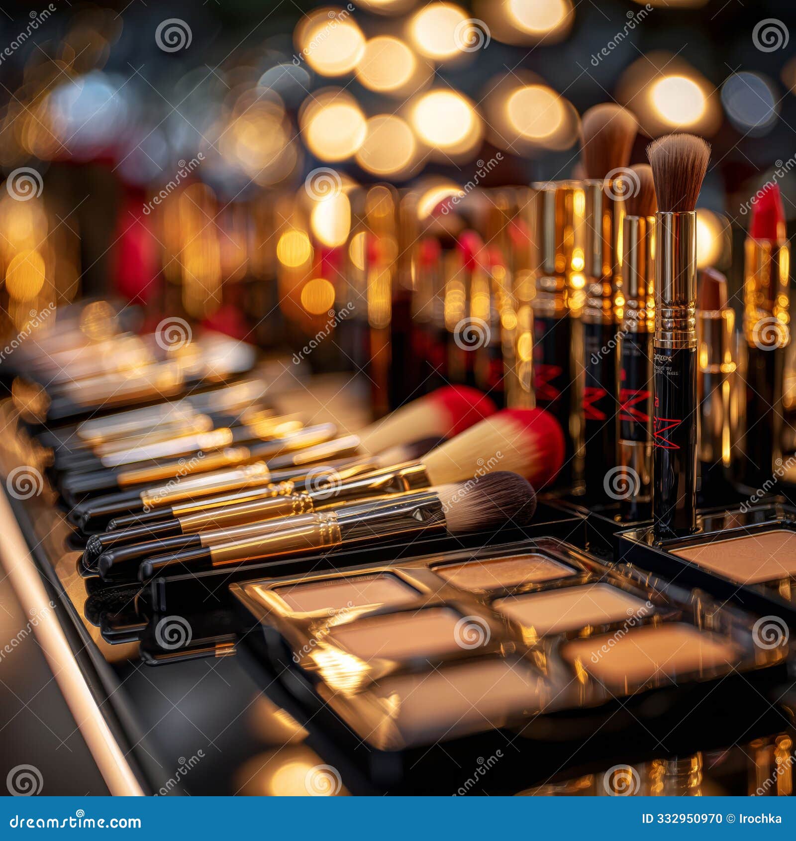 Elegant Makeup Collection Glowing on Reflective Surface Stock Photo ...