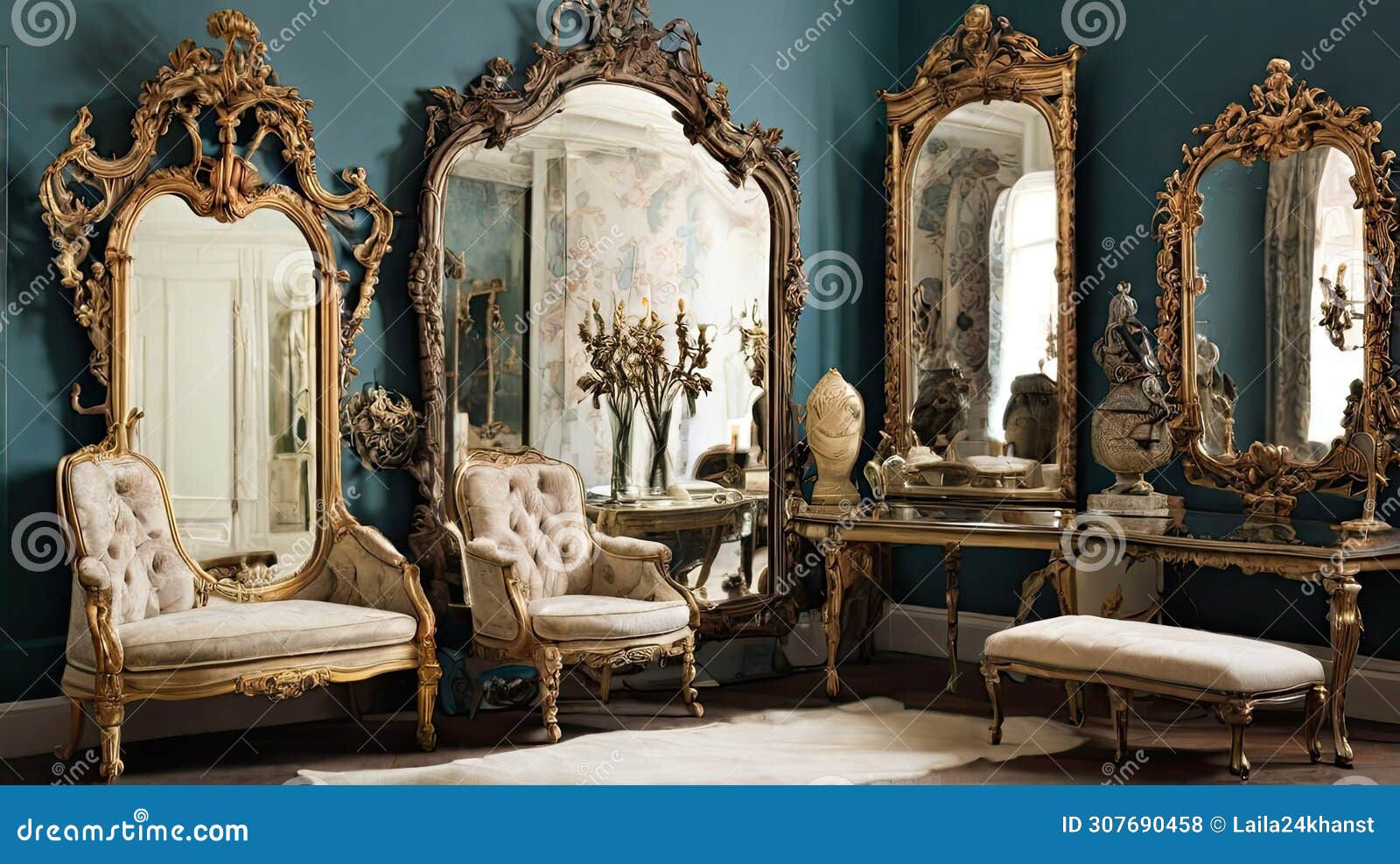 Elegant Makeup Room with Different Type of Mirrors and Sofas. Stock ...