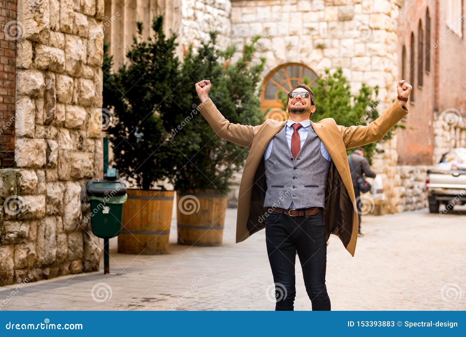 An Elegant Man Walking on the Streets and Cheering Stock Image - Image ...