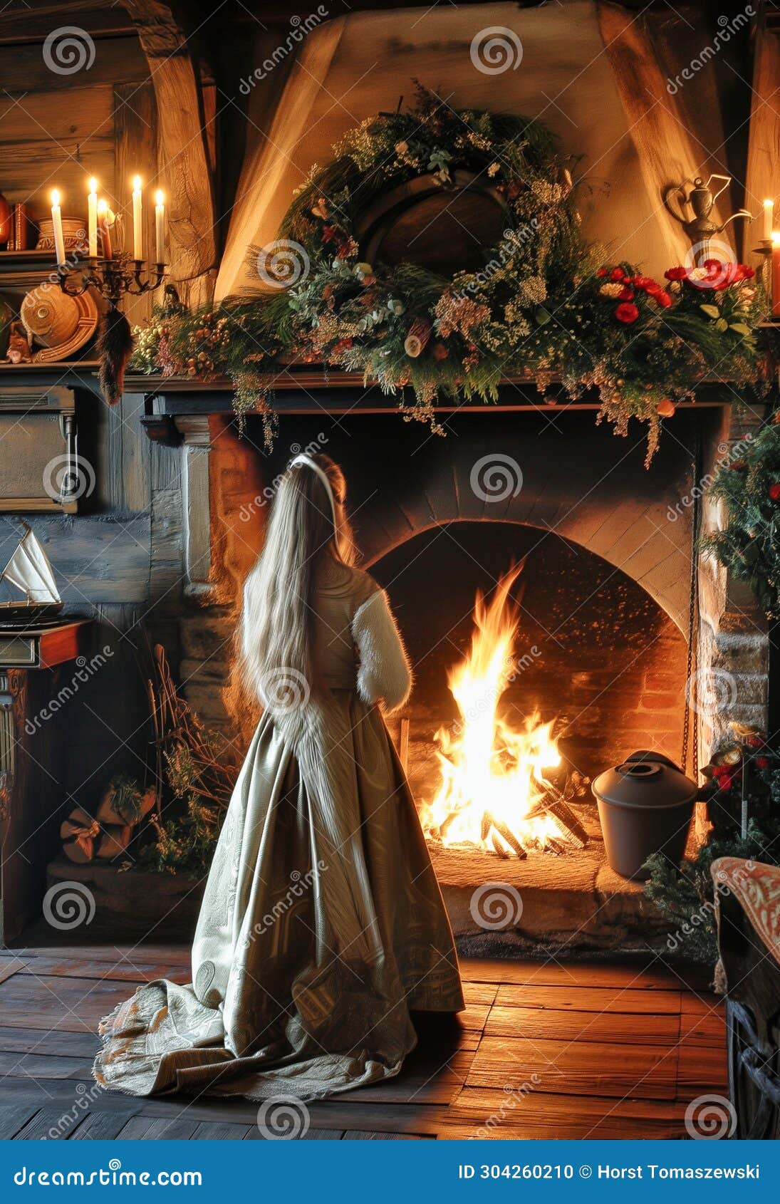 Elegant Medieval Duchess in Front of a Firesite with Burning Fire ...