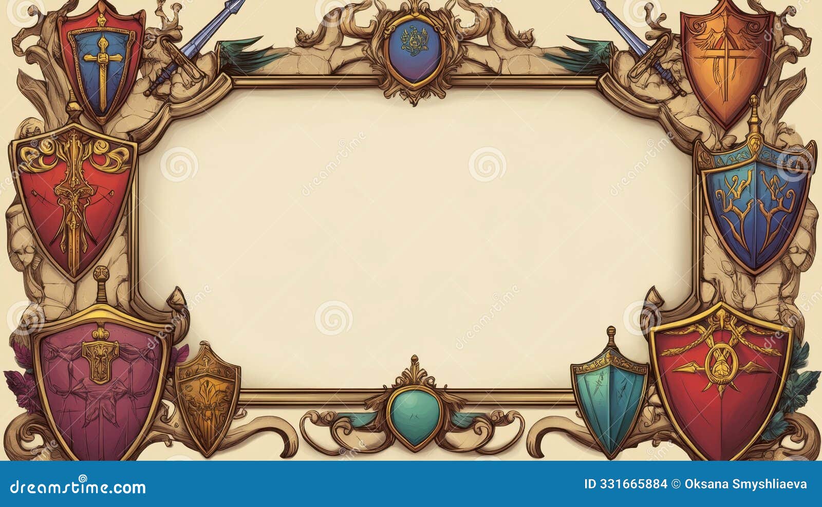Elegant Medieval Heraldic Shields and Banners Frame Design Stock Photo ... Elegant Medieval Heraldic Shields and Banners Frame Design Stock Photo ...