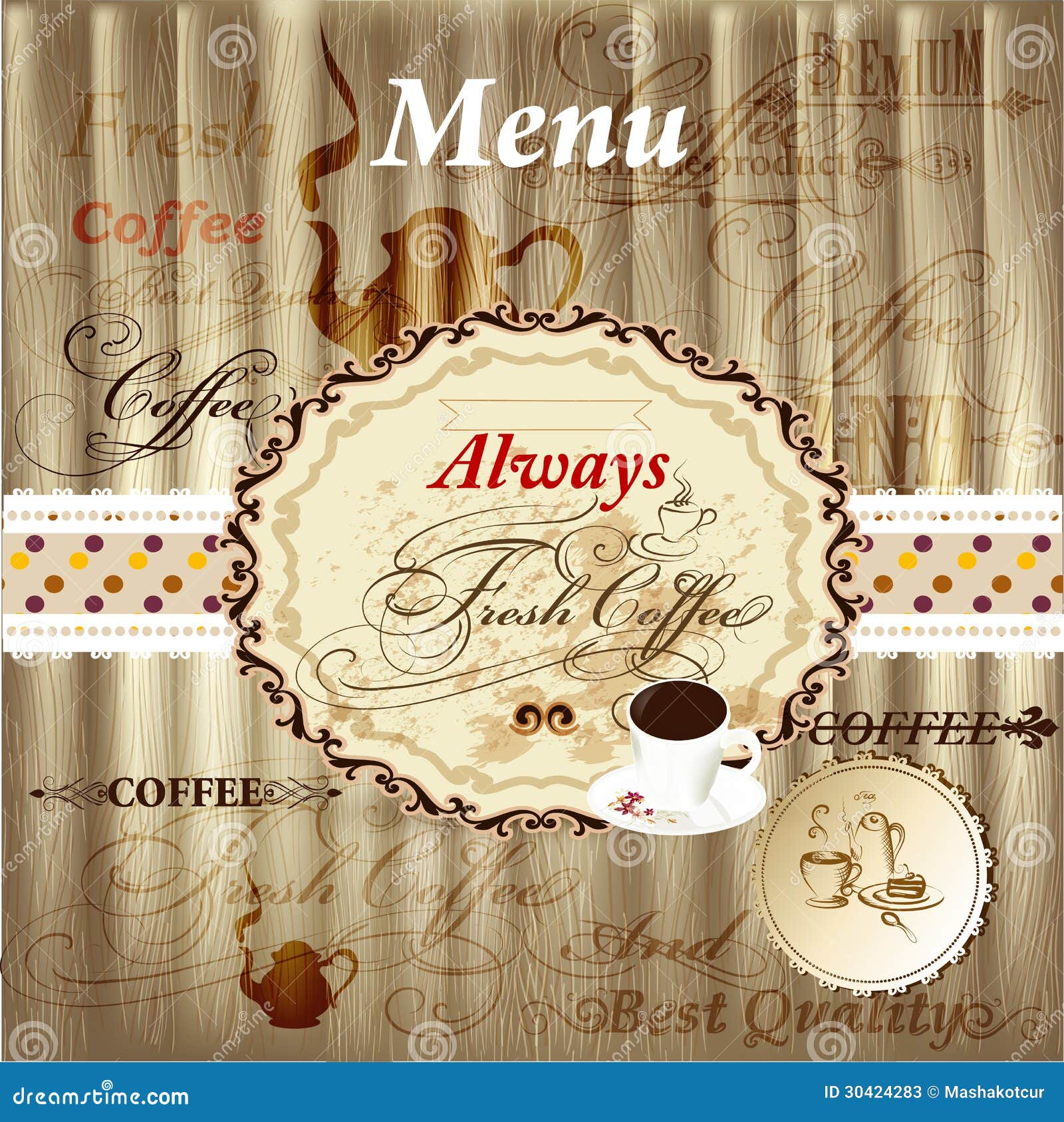 Elegant Menu Design with Coffee Elements on Wood Texture in Vintage ...