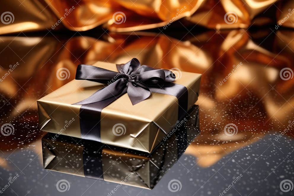 Elegant Metallic Gift Wrap on Gift Box on Reflective Surface Stock ...
