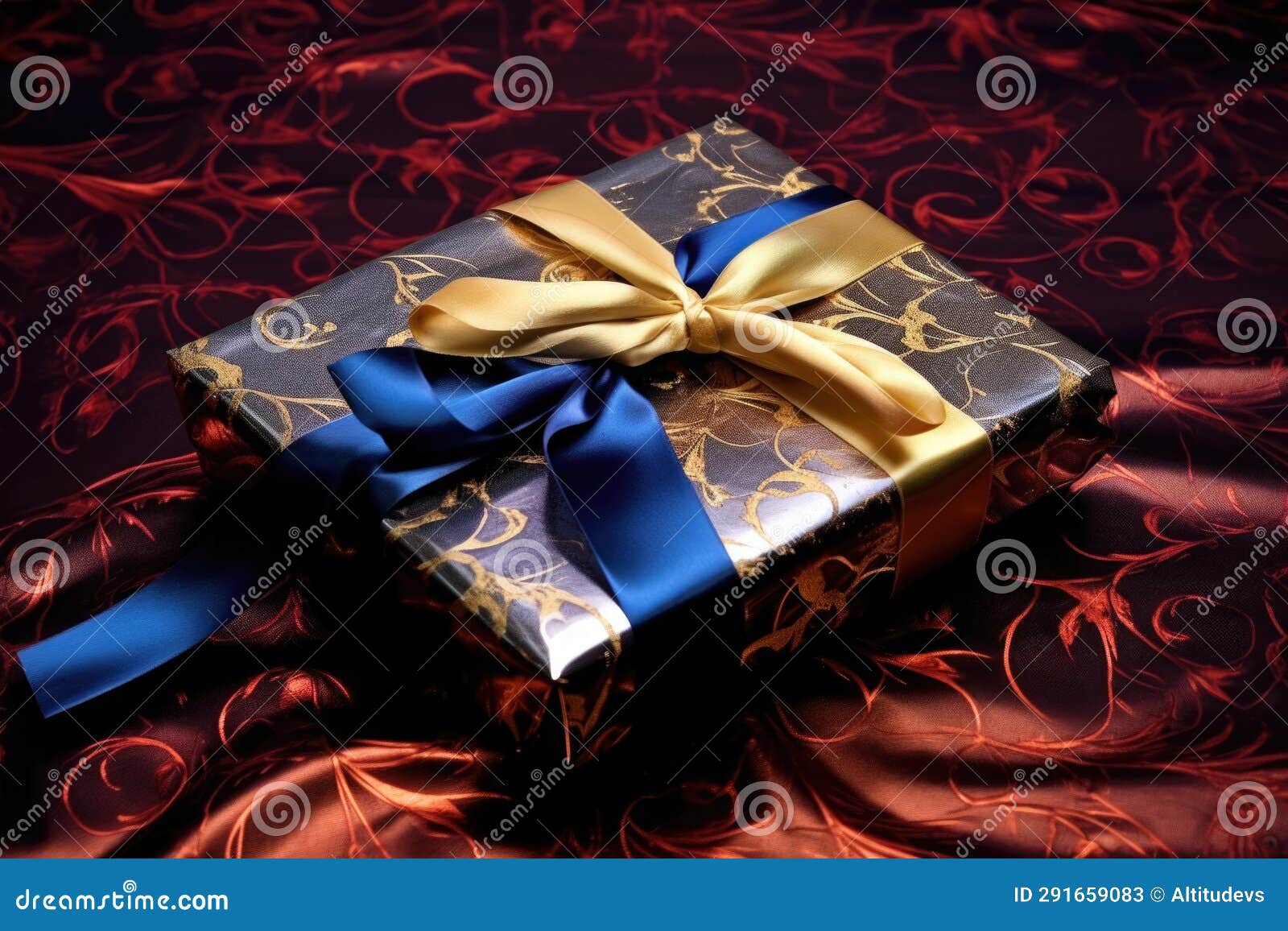 Elegant Metallic Gift Wrap on Gift Box on Reflective Surface Stock ...