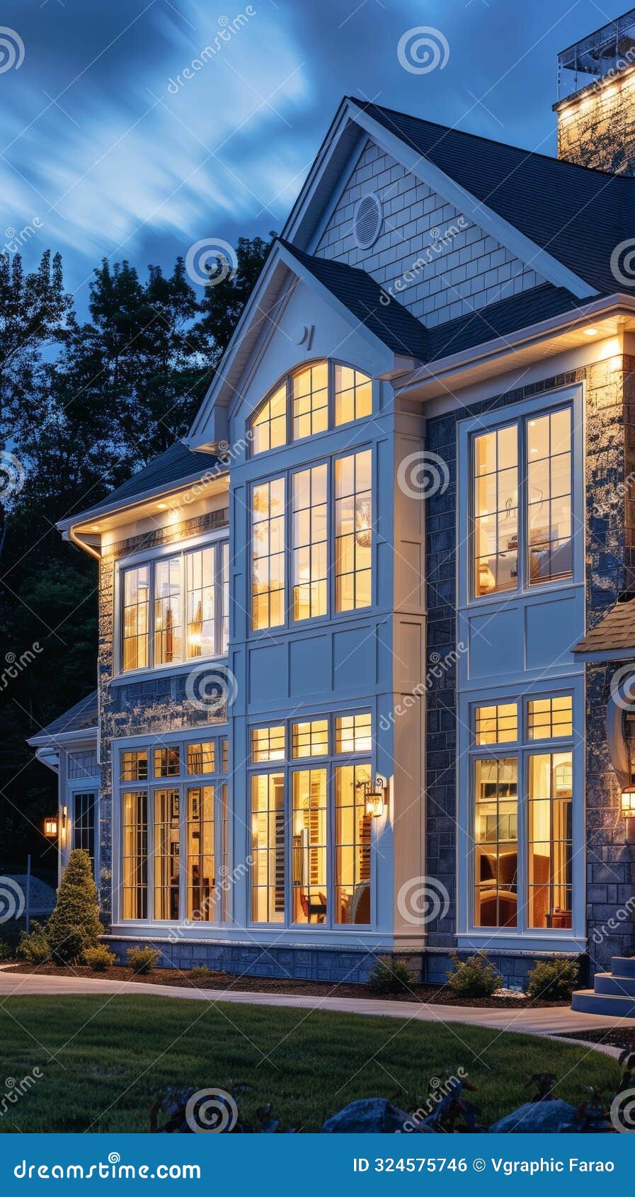 Elegant Modern House Exterior with Large Windows at Dusk Stock Photo ...