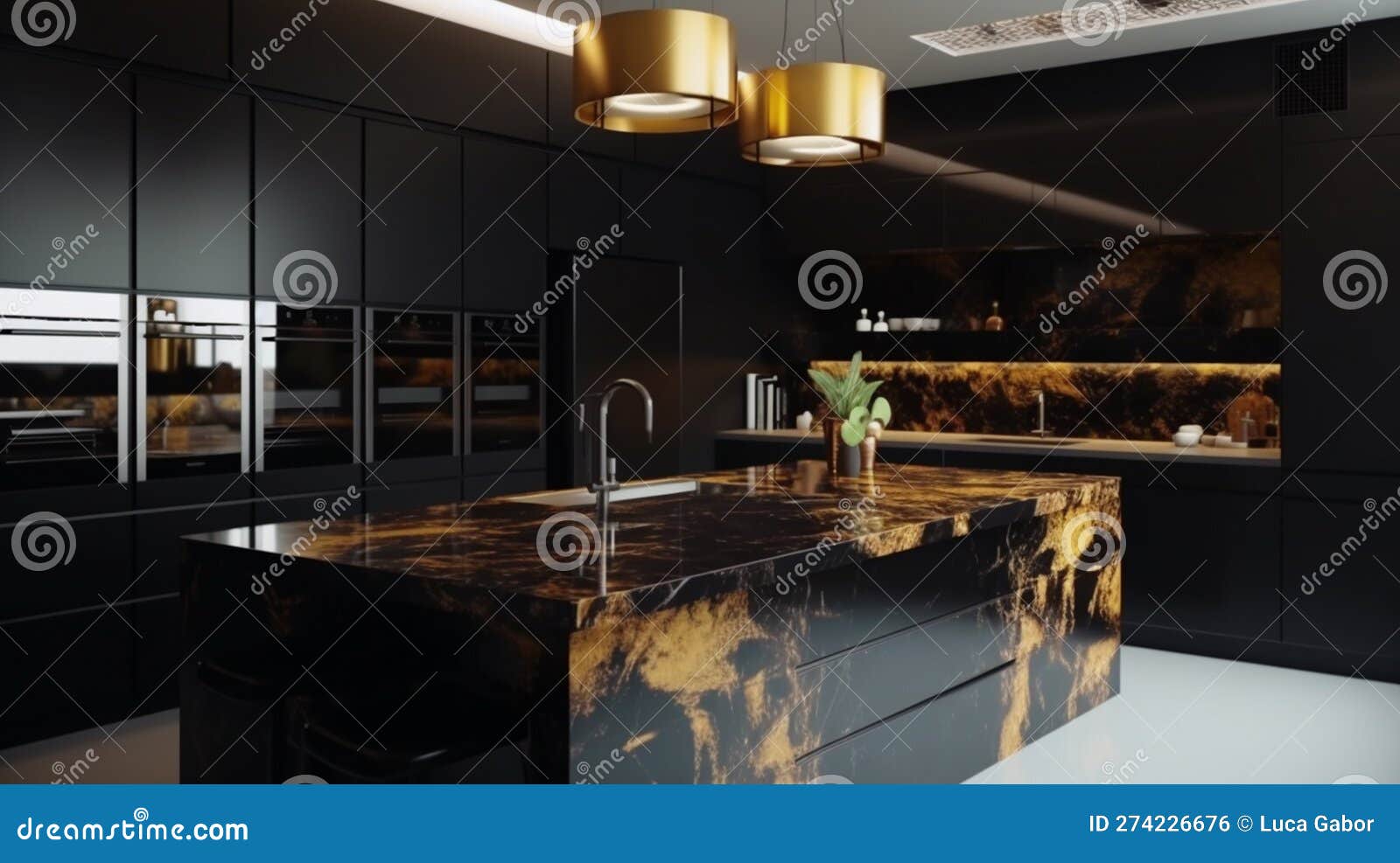 Elegant Modern Luxury Black Kitchen with Abstract Gold Pattern Stock ...