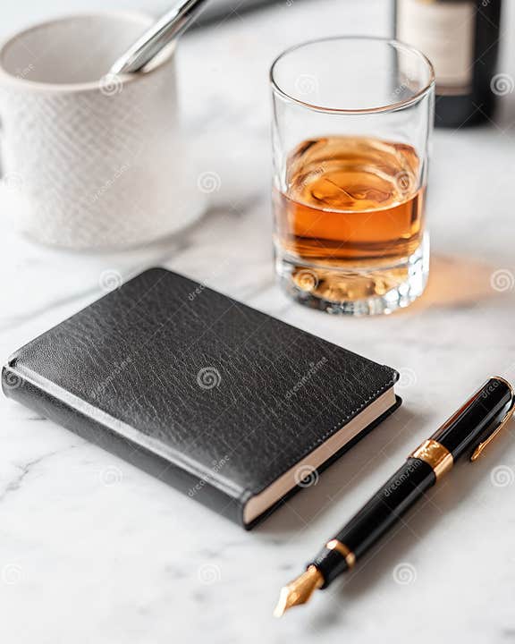 Elegant Modern Whisky Tasting Setup with Notebook and Pen on Marble ...