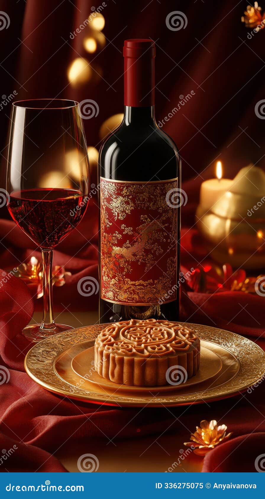 Elegant Mooncake with Red Wine and Golden Decorations in Festive Table ...