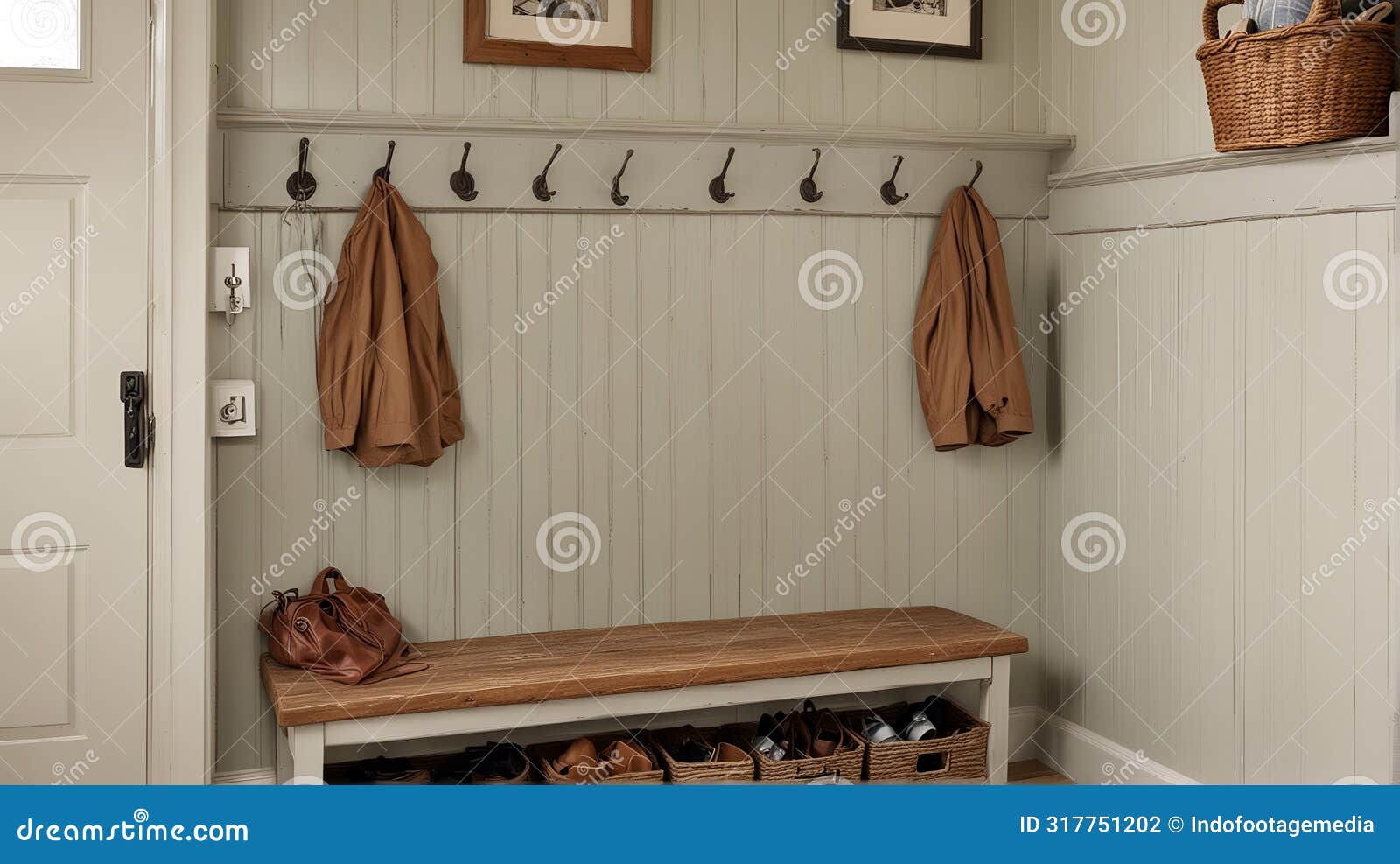 Elegant Mudroom with Bead Board Walls, a Rustic Bench, and Vintage ...