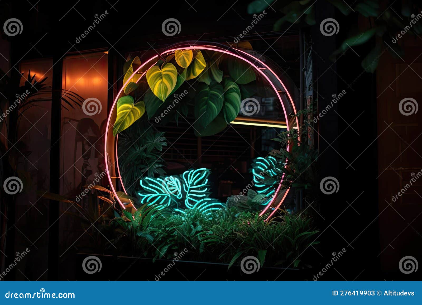Elegant Neon Sign with a Black Frame Surrounded by Greenery Stock ...